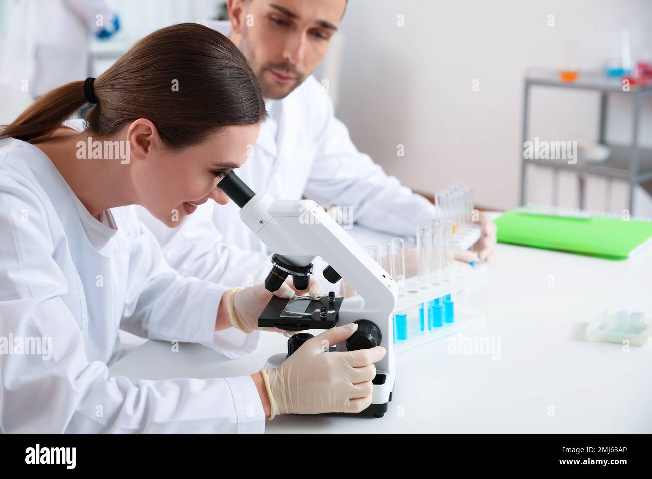 Scientist with microscope and colleague in laboratory. Medical research ...