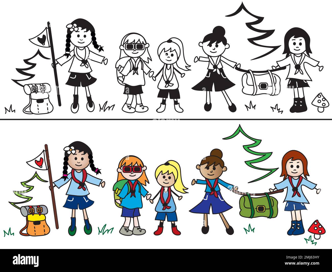 illustration of happy scouts in black and white or at colors Stock ...