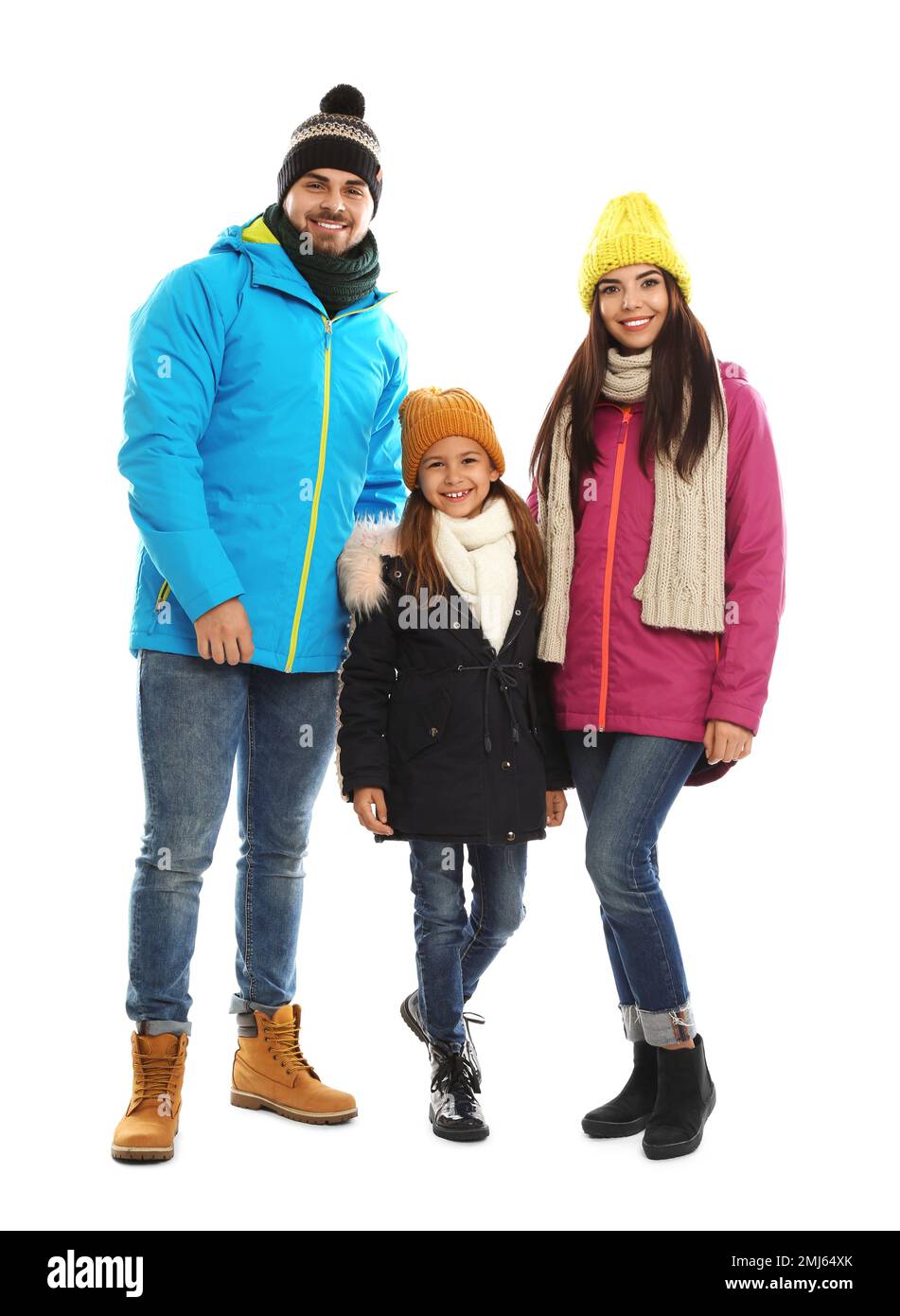 Happy family in warm clothes on white background. Winter vacation Stock ...
