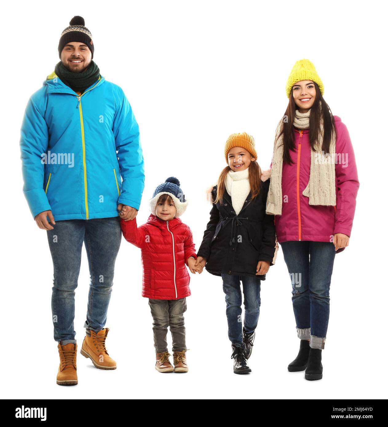 Happy family in warm clothes on white background. Winter vacation Stock ...