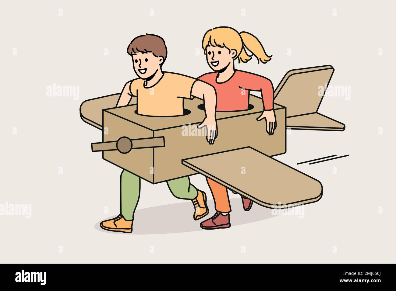 Overjoyed small children in handmade paper airplane playing together ...