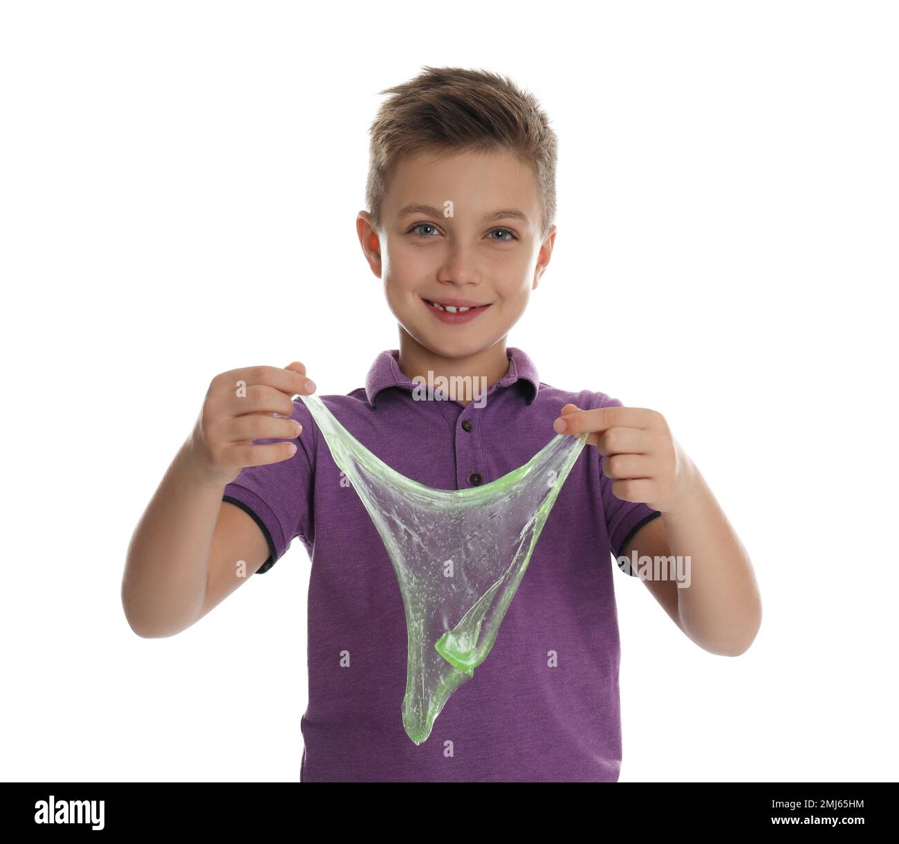 Little boy with slime on white background Stock Photo - Alamy