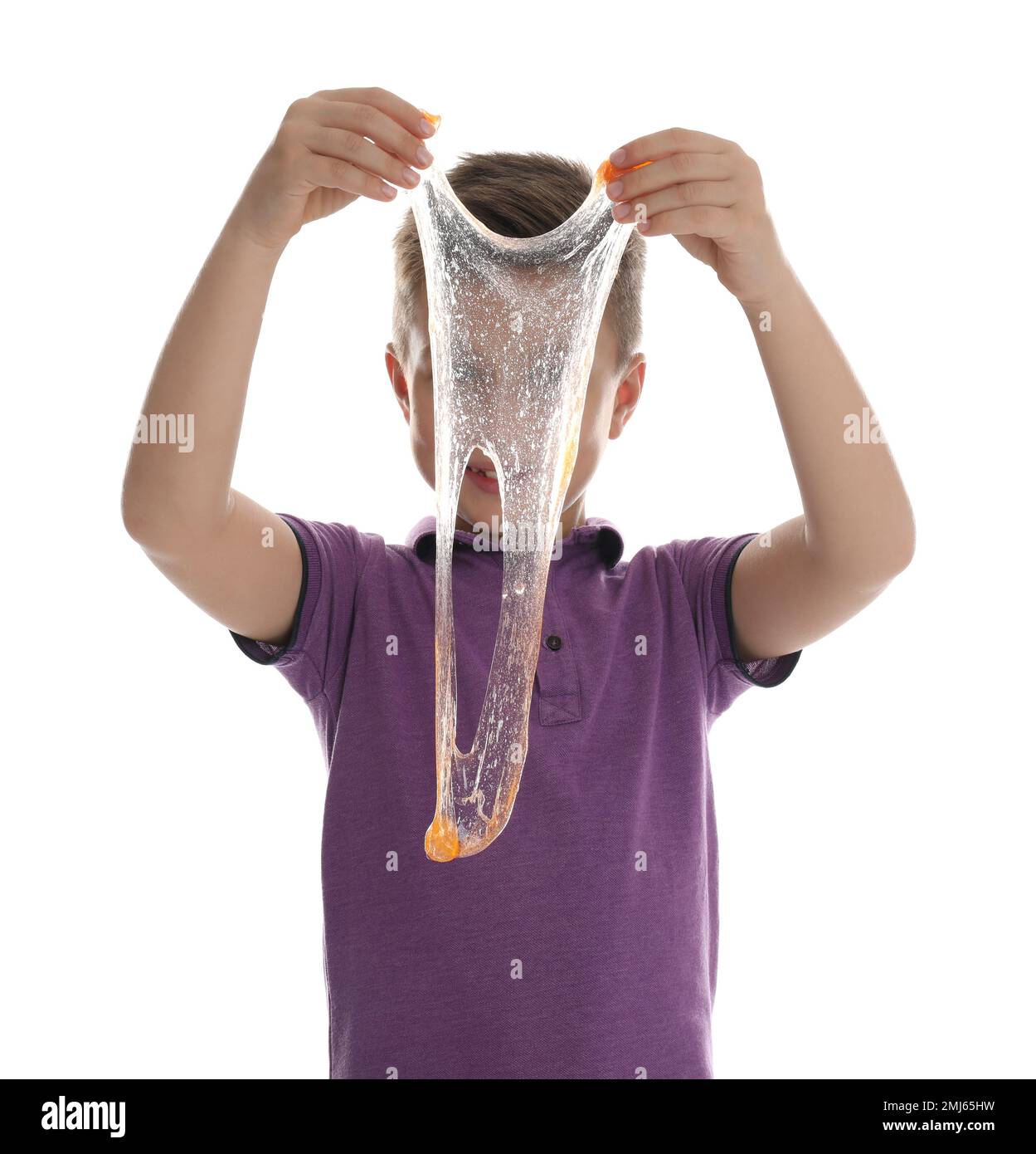 Little boy with slime on white background Stock Photo - Alamy