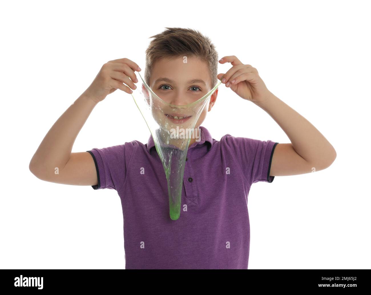 Little boy with slime on white background Stock Photo - Alamy