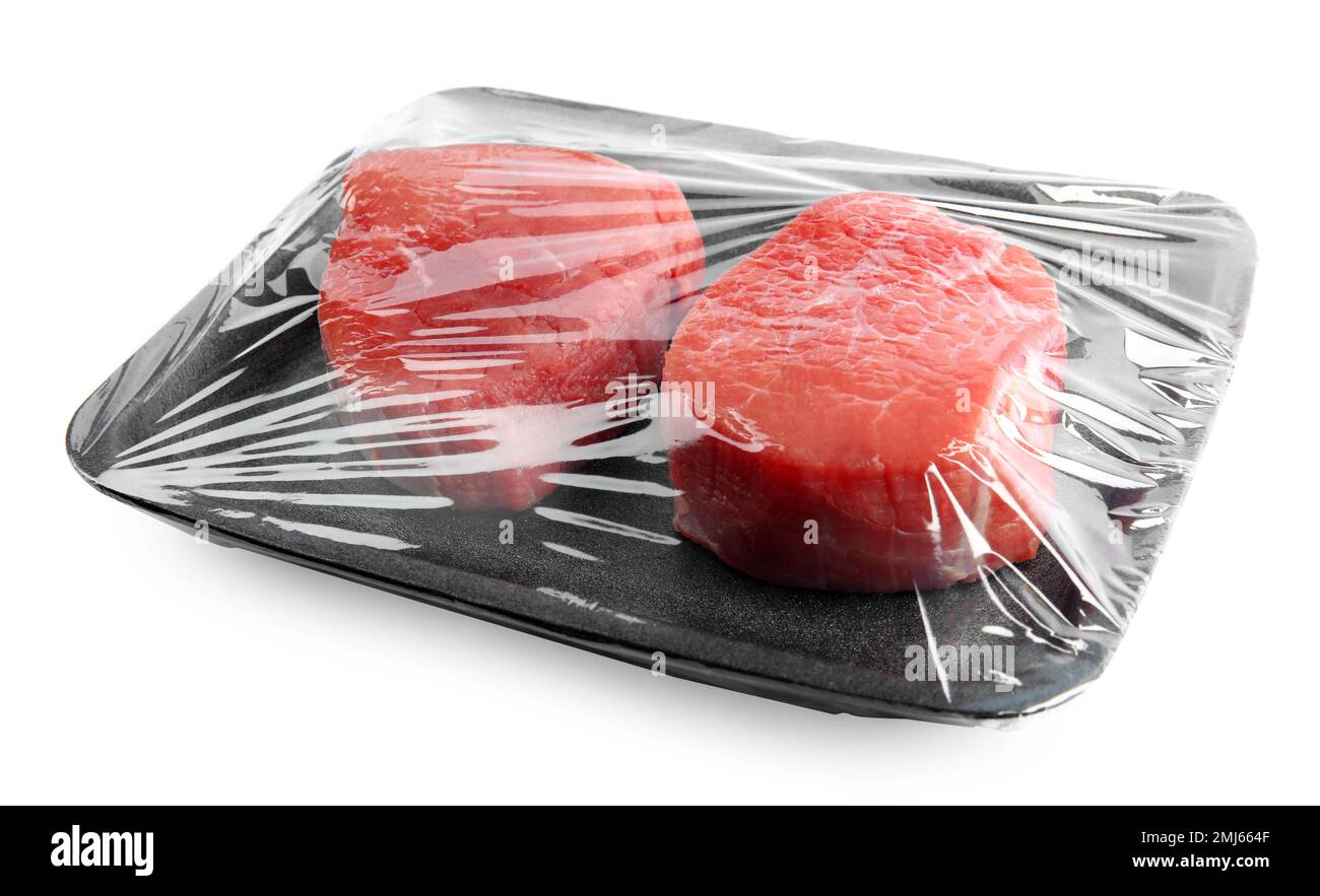 Fresh raw beef cut in plastic container isolated on white Stock Photo ...