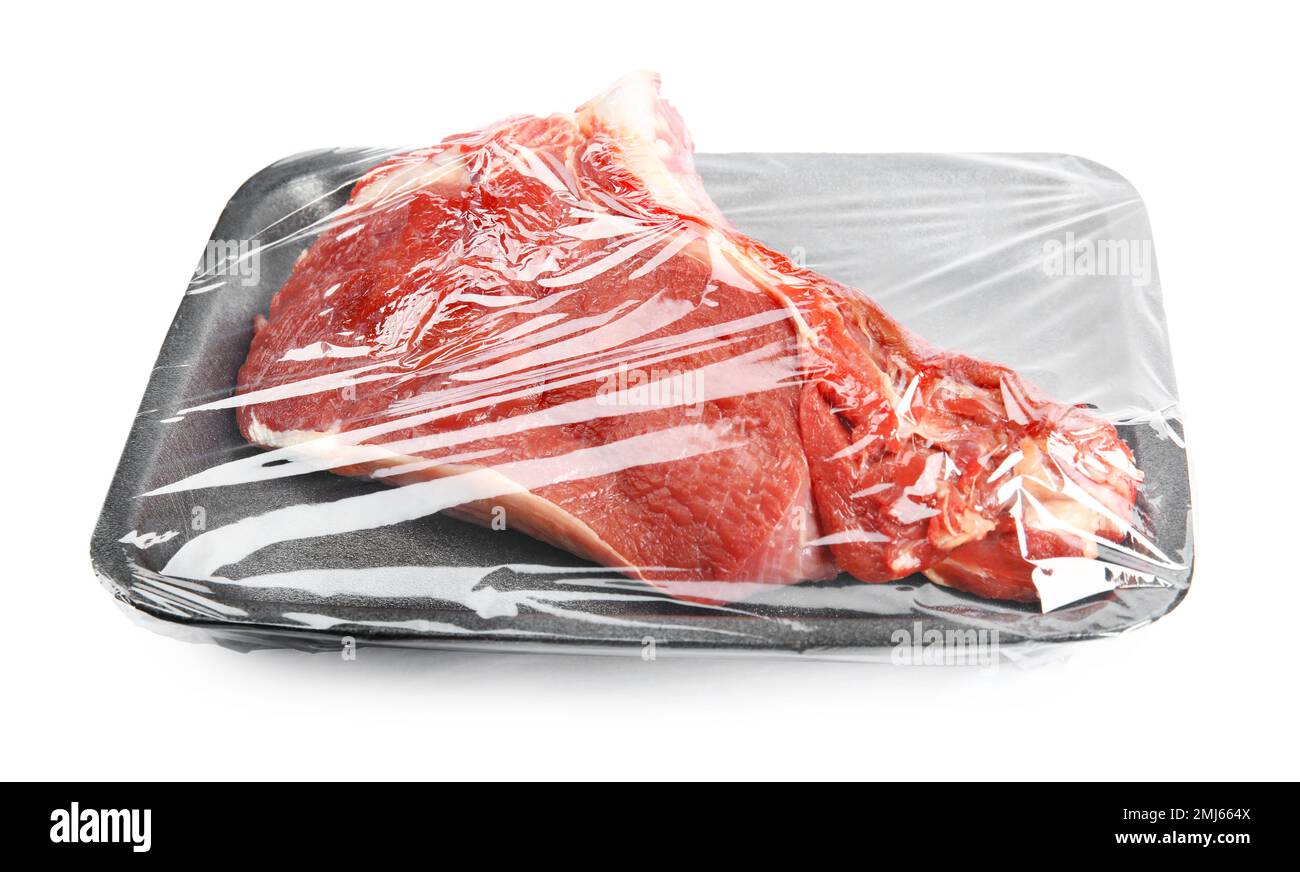 Fresh raw beef cut in plastic container isolated on white Stock Photo ...