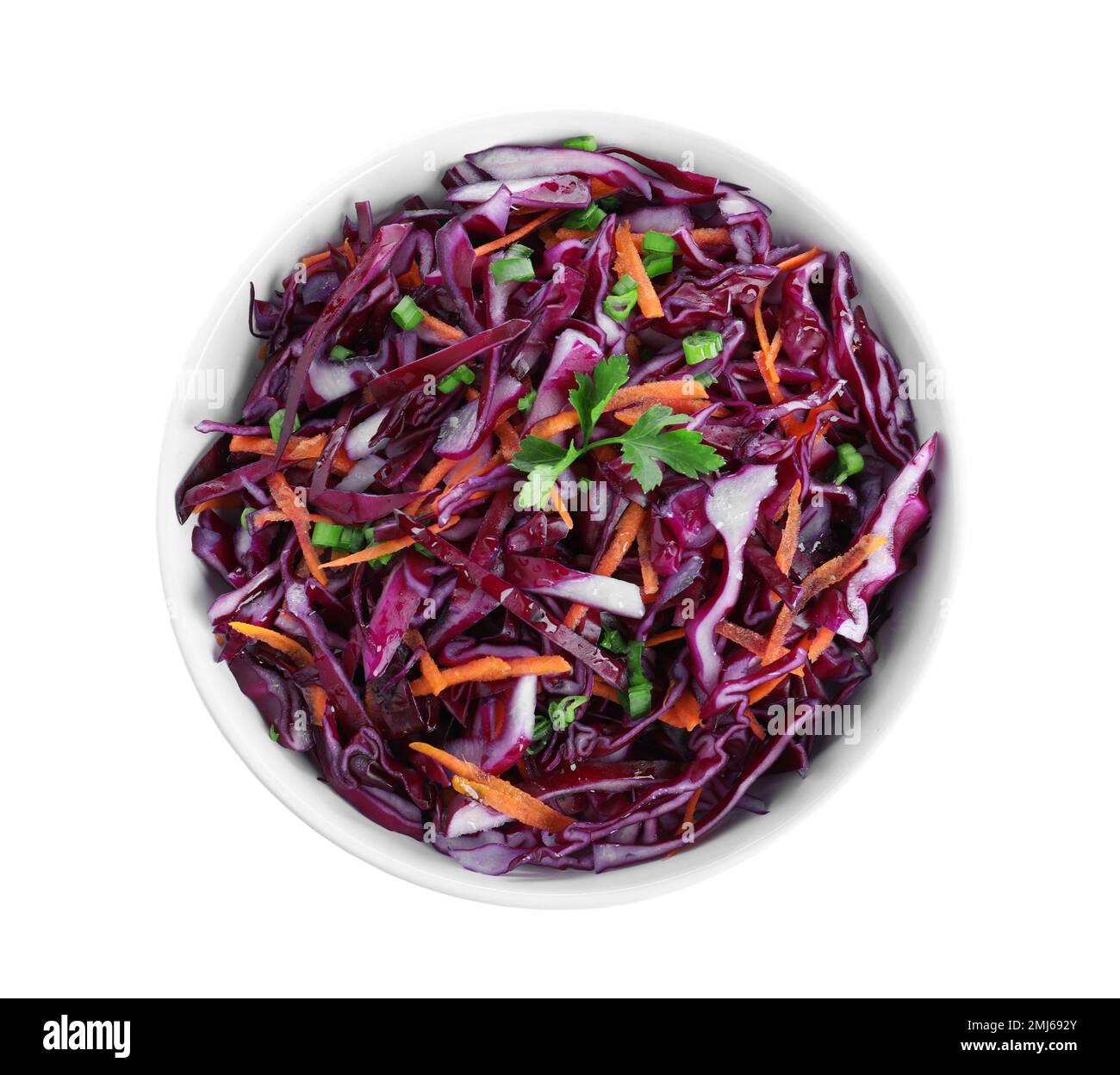 Fresh red cabbage salad in bowl isolated on white, top view Stock Photo ...