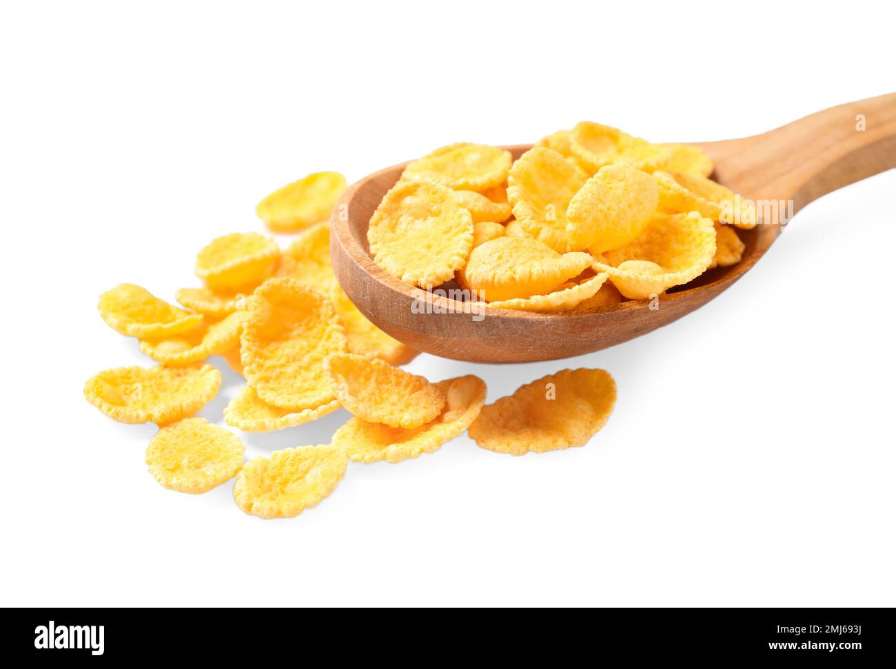 Wooden spoon of tasty corn flakes on white background Stock Photo - Alamy