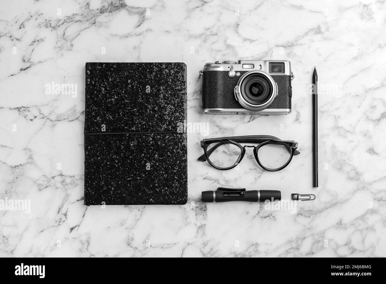 Flat lay composition with camera for professional photographer and ...