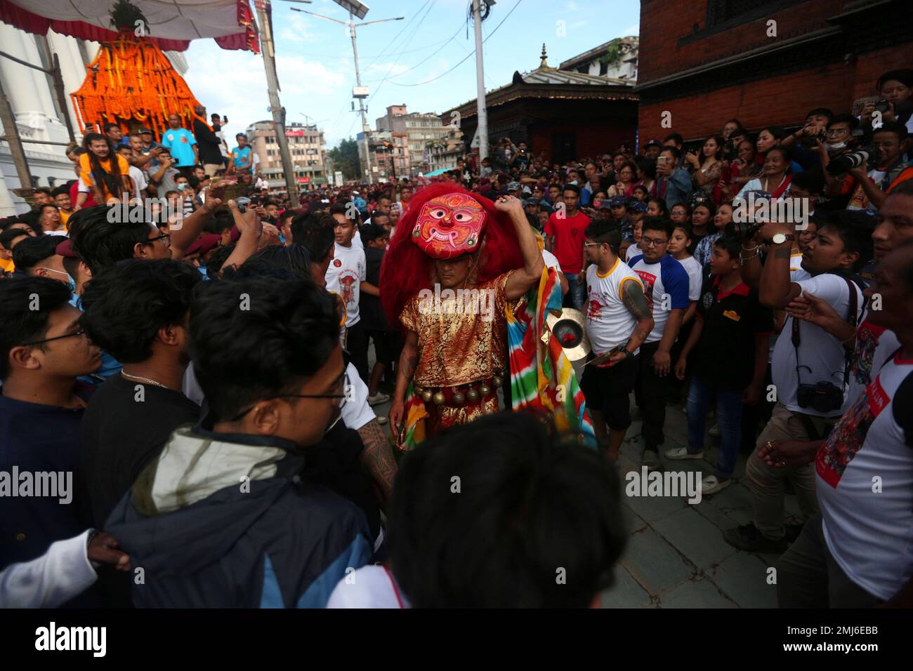 A traditional mask dancer, known as Lakhe, performs during Indra Jatra ...