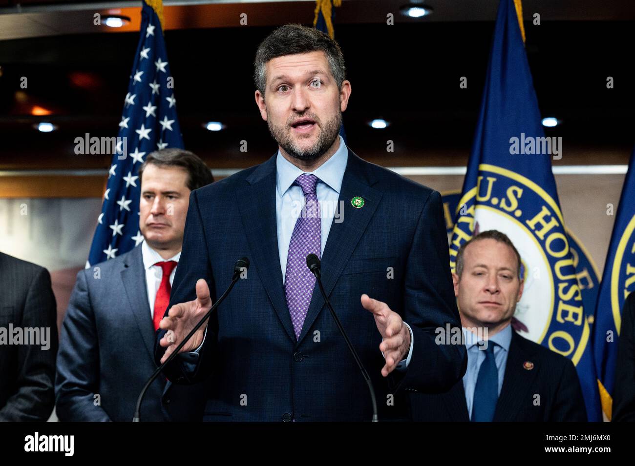U.S. Representative Pat Ryan (D-NY) speaking at a press conference at ...