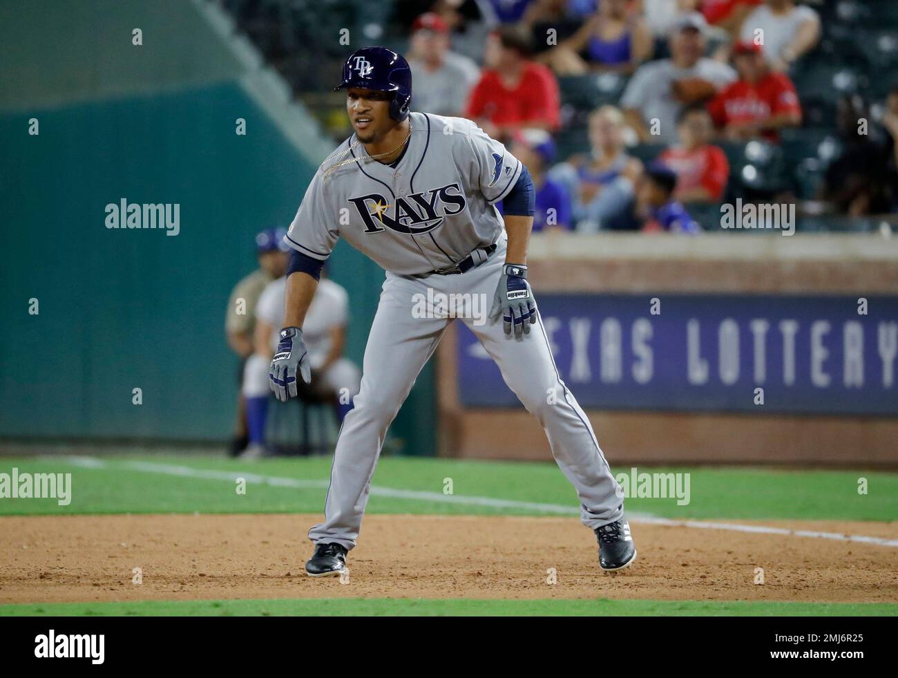 Tampa Bay Rays pinch-runner Johnny Davis takes a lead off first during ...