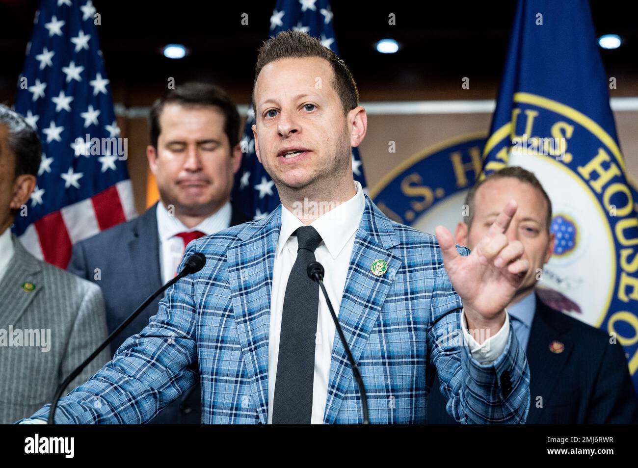 U.S. Representative Jared Moskowitz (D-FL) speaking at a press conference at the U.S. Capitol ...