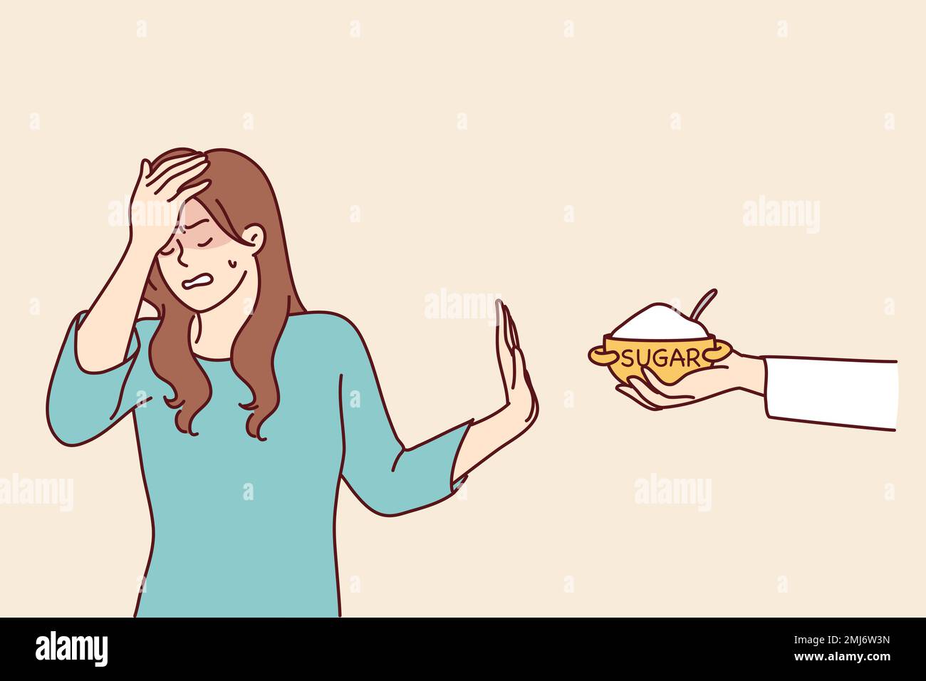 Embarrassed woman makes stop gesture rejecting proposed sugar that can ...