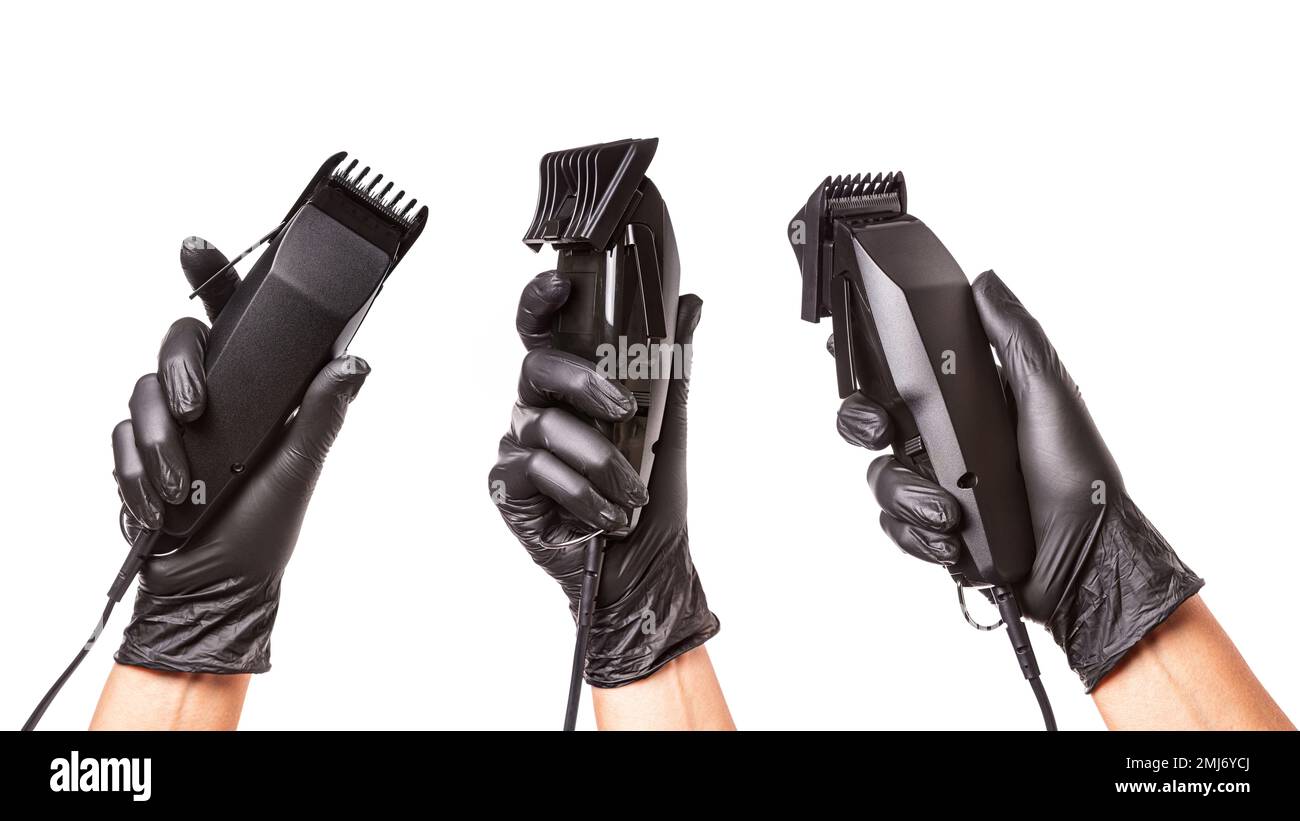Set of hairdressers hands with hair clipper in different angles ...