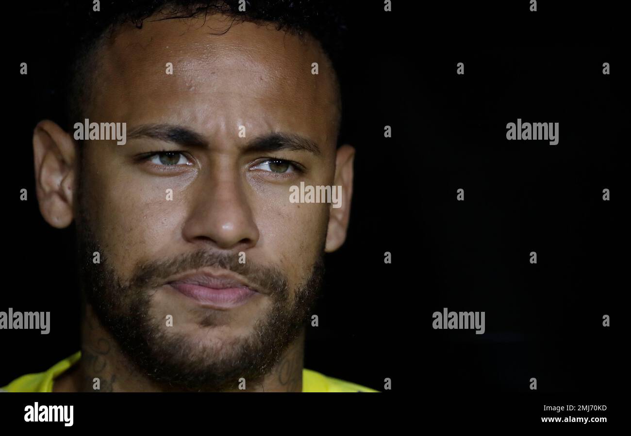 Brazil's Neymar Jr. listens to his country's national anthem before an ...