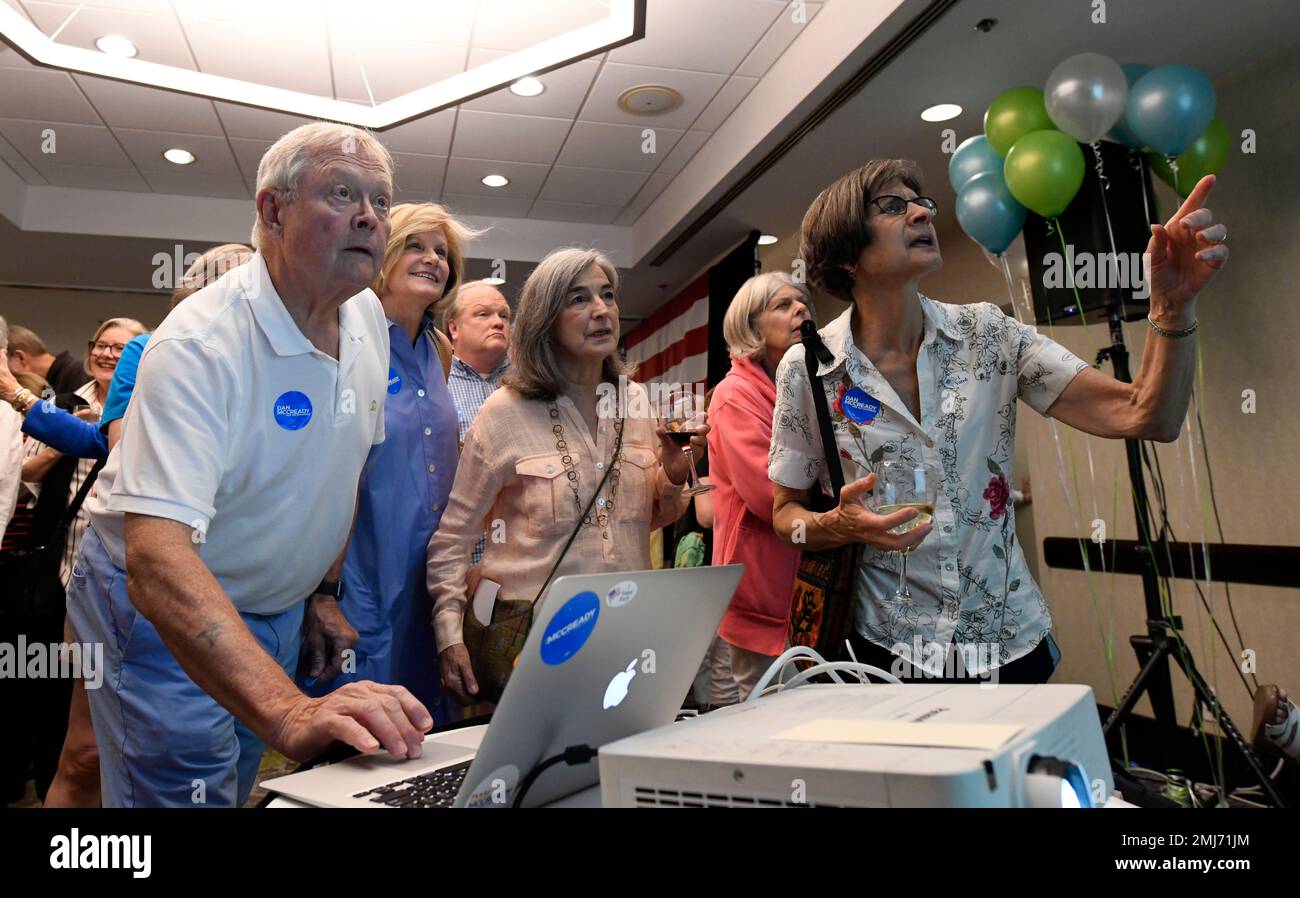 Dale Saville, of Charlotte, works a laptop to view voting results with ...