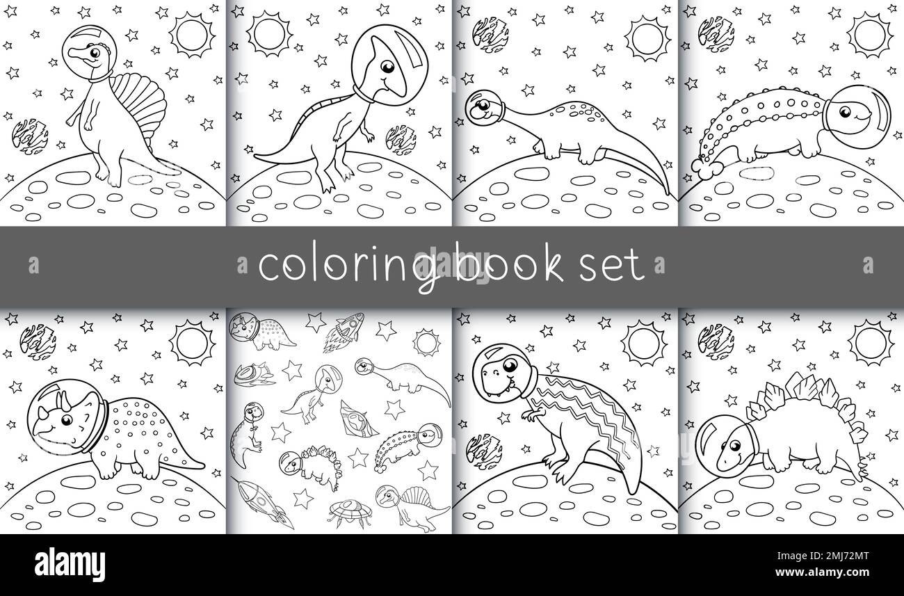 Vector illustration of dinosaur astronaut in space, Coloring book for ...