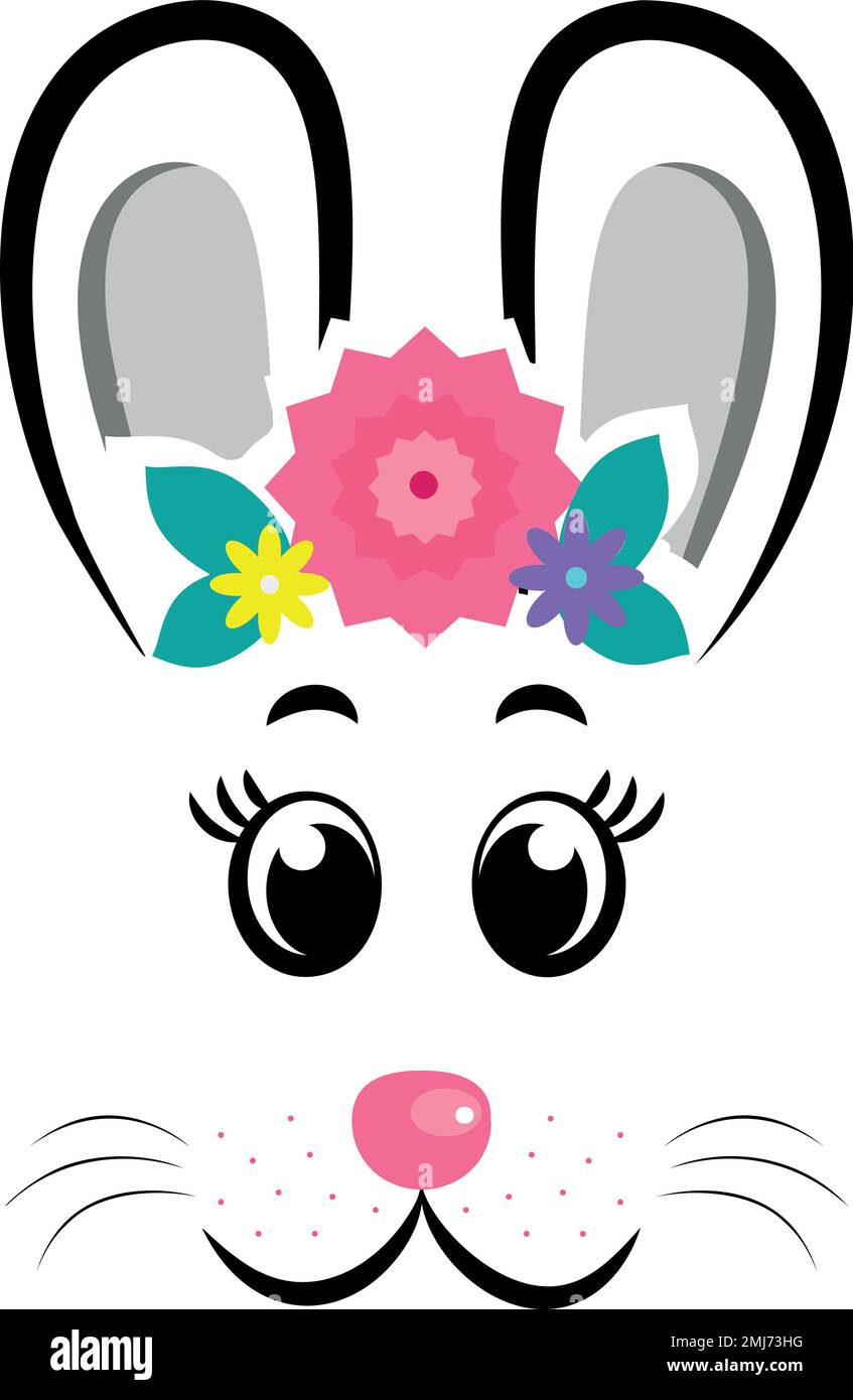 cartoon rabbit masks with gray ears and flowers on white isolated ...