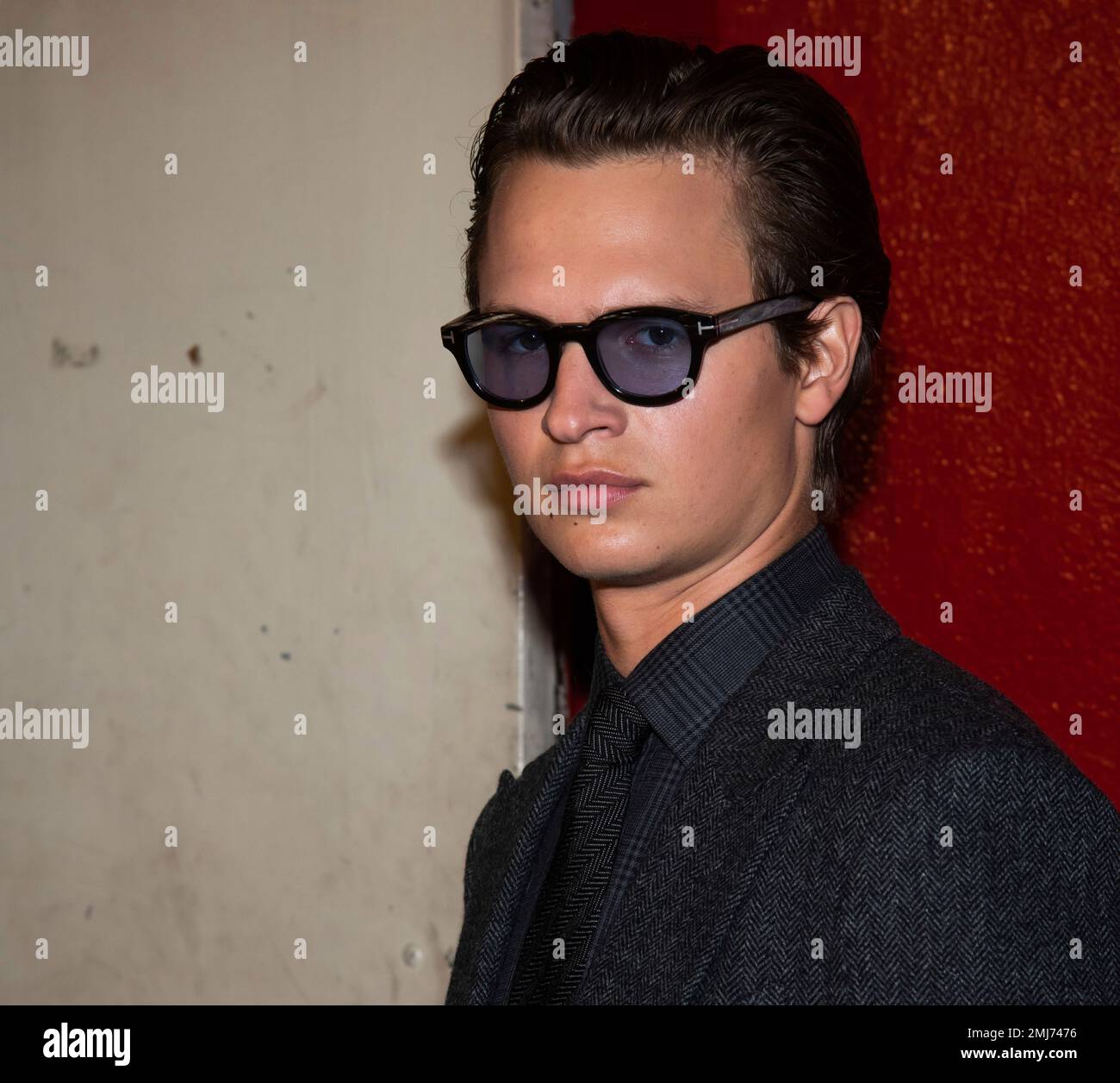 Ansel Elgort arrives to the Tom Ford show during Fashion Week on Monday ...