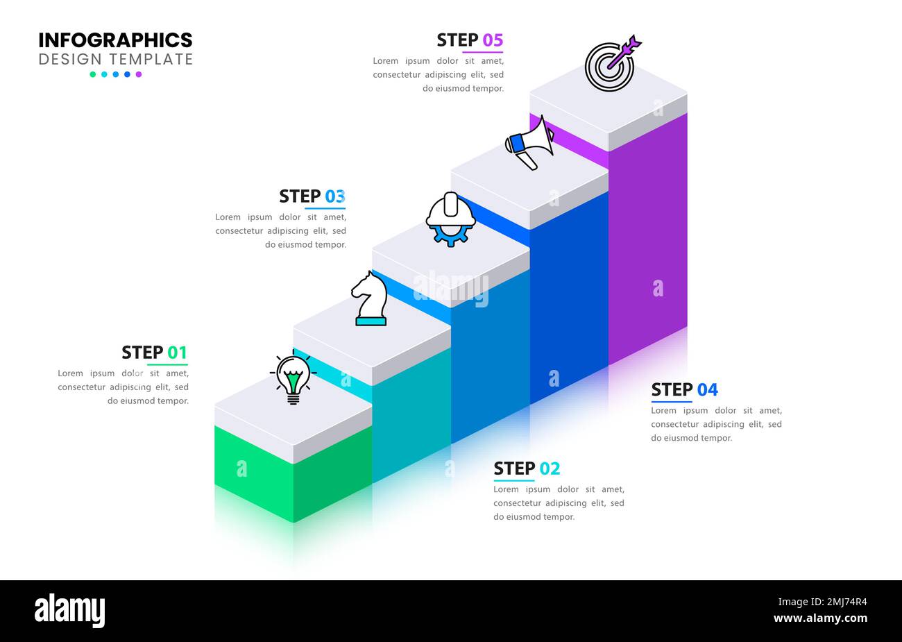 Infographic template with icons and 5 options or steps. Isometric stairs. Can be used for ...