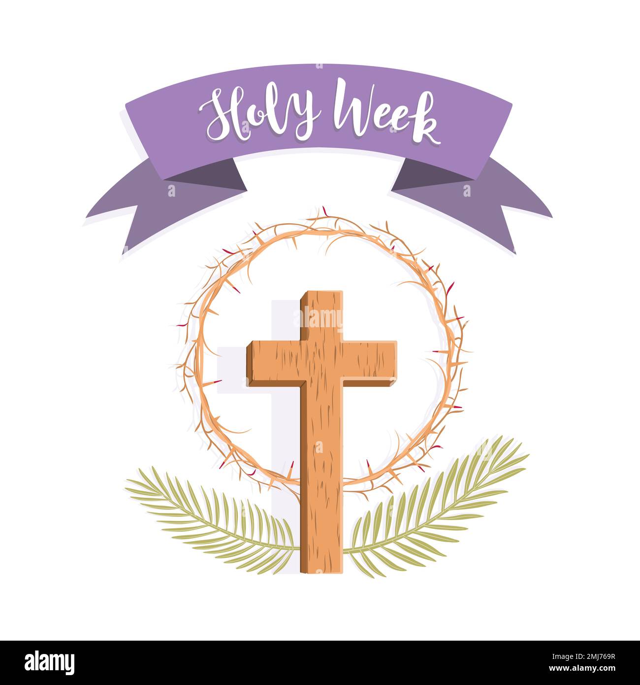 Holy Week. The cross, crown of thorns and palm branches on a white ...