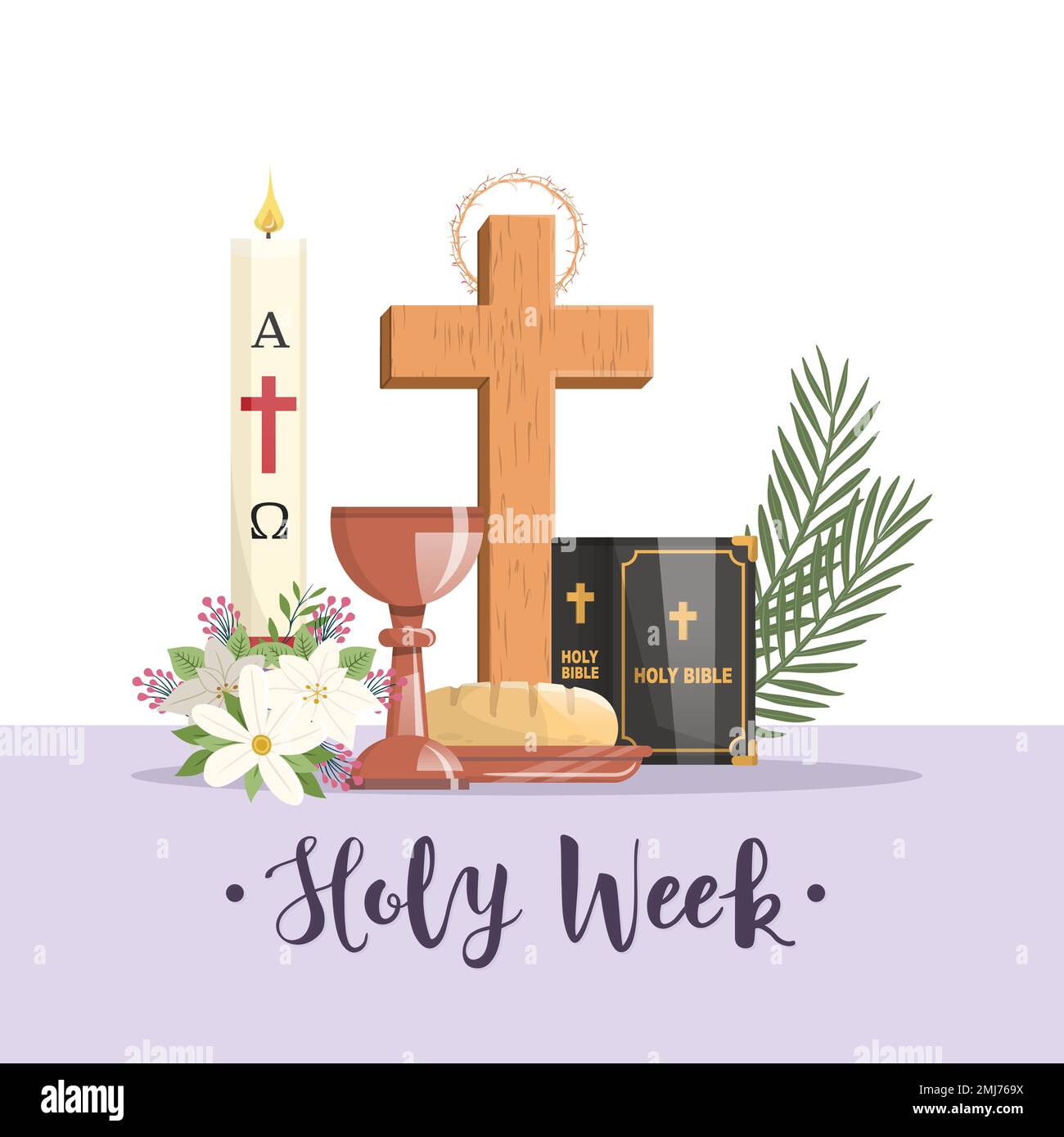 Holy Week. Bread and chalice, cross, palm branches and easter candle ...