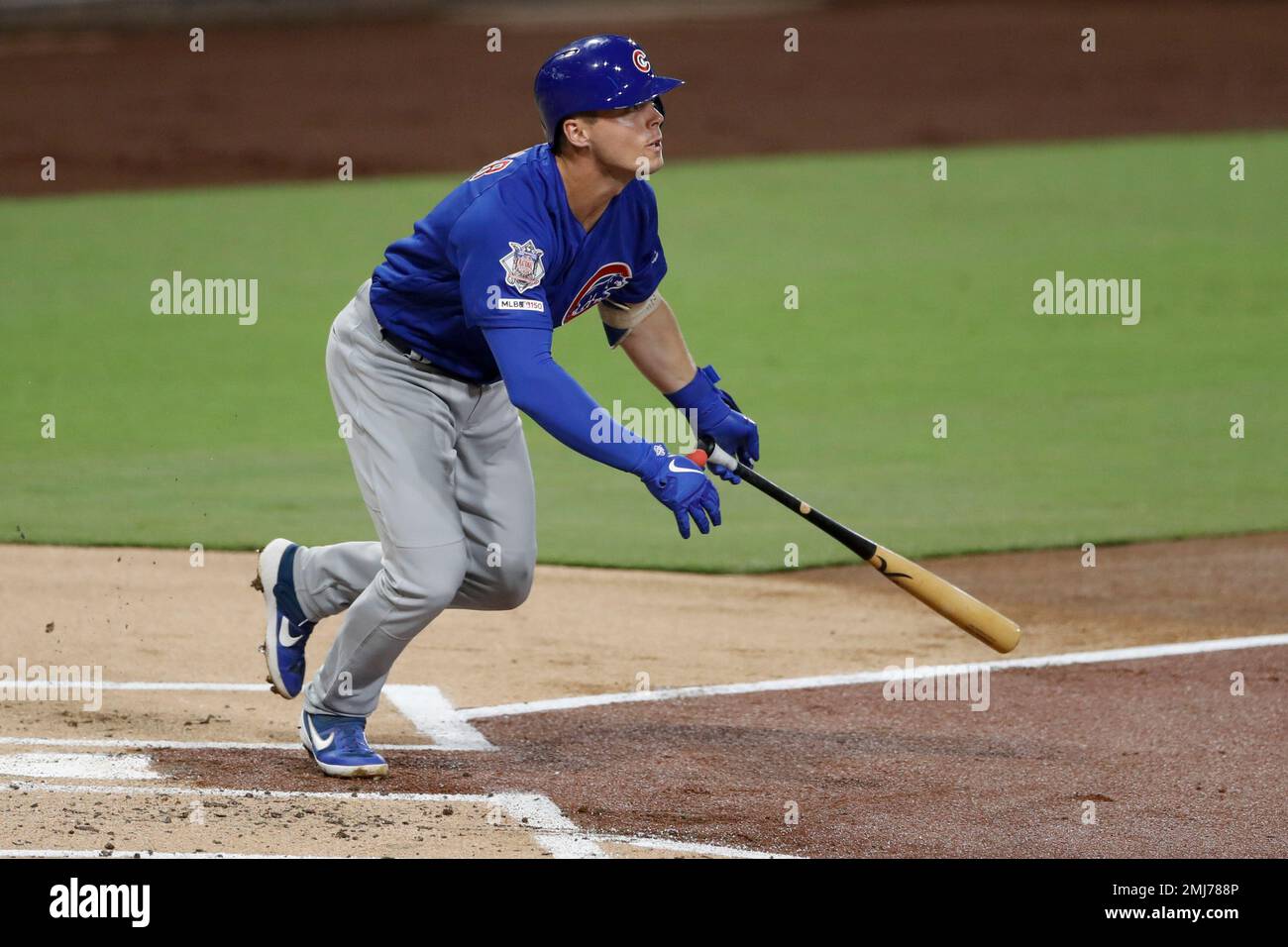 Chicago Cubs' Nico Hoerner hits a single during the second inning of a ...