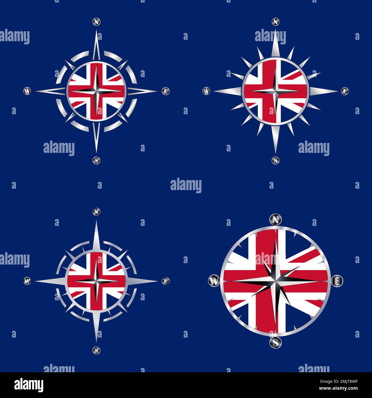 Set of compass roses, wind roses on the background of the British flag ...