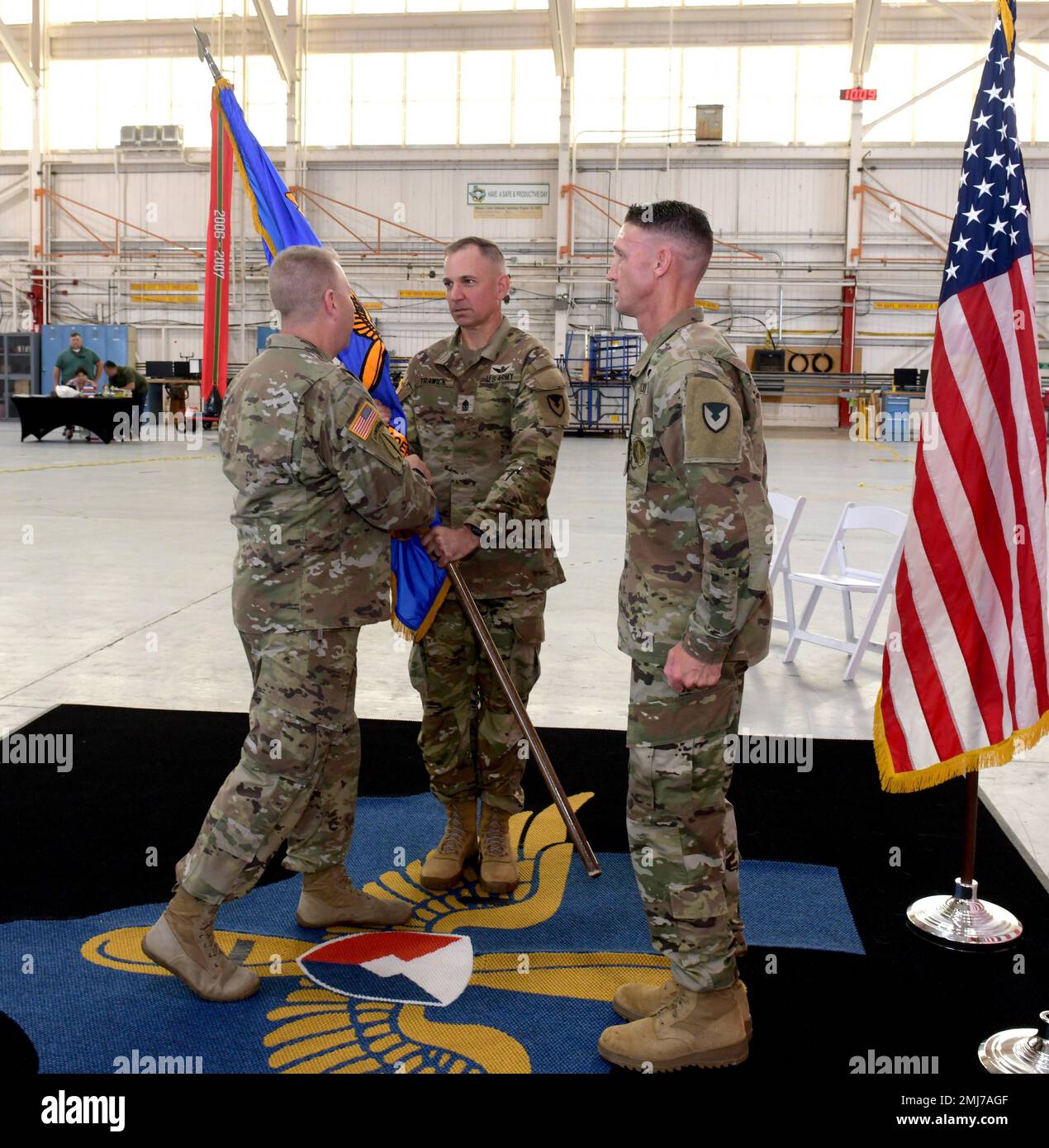 (L-R) Colonel Kyle M. Hogan, CCAD Commander, transfers the depot flag ...