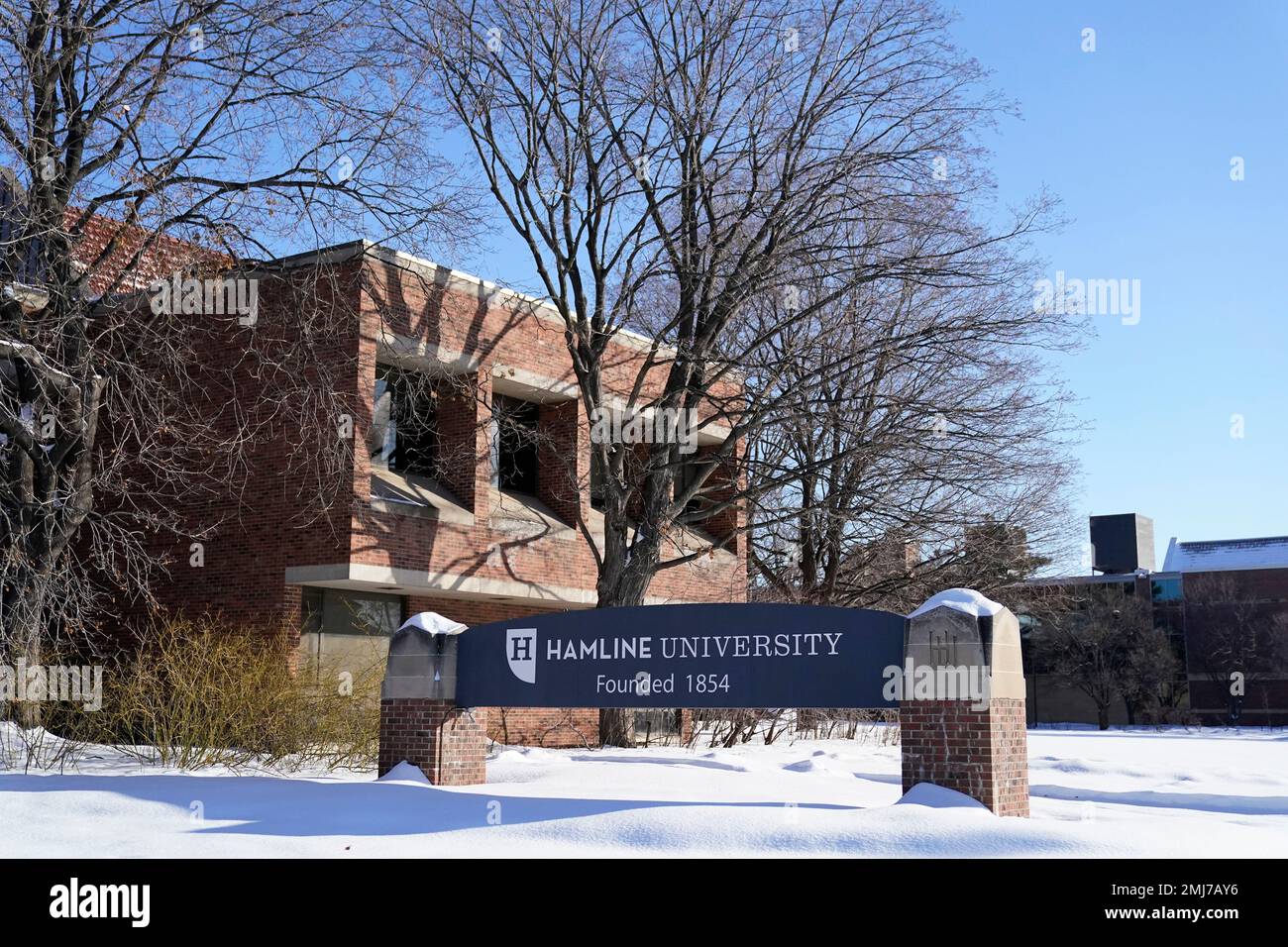 Signage at Hamline University is viewed Friday, Jan. 27, 2023, in St ...