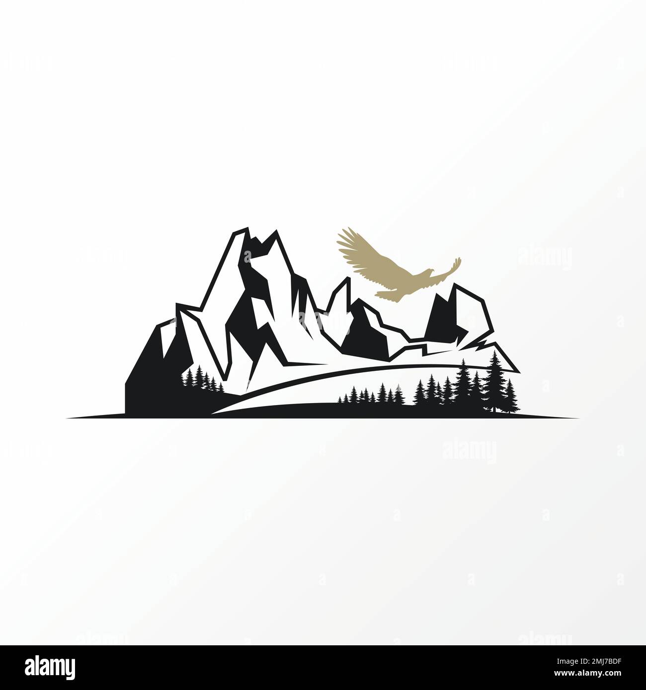 Unique but simple rock mountain with dense forest and bird image graphic icon logo design ...
