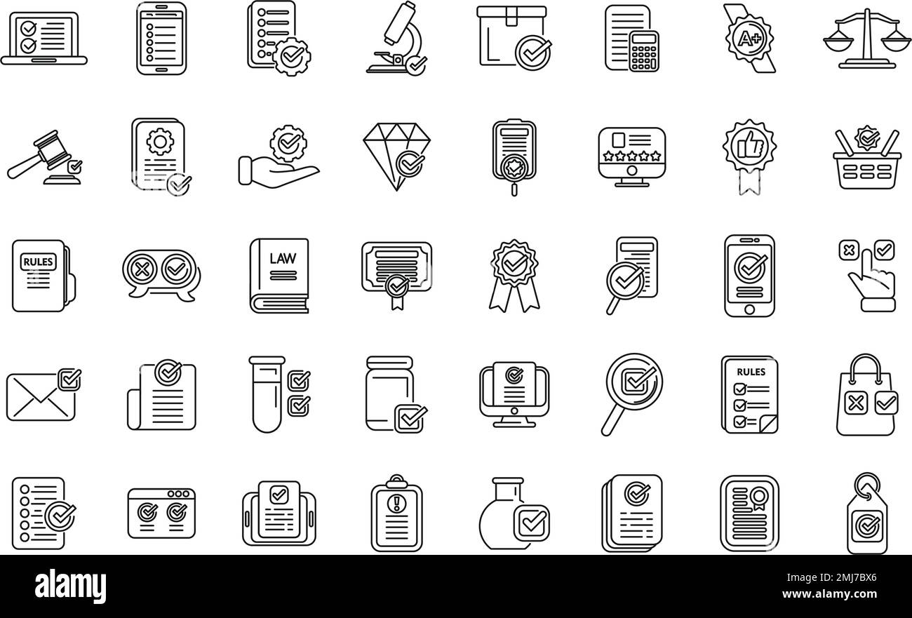 Regulated products icons set outline vector. Quality control. Safety ...