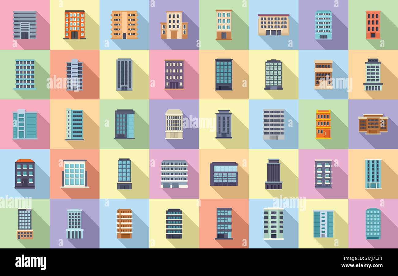 Multistory building icons set flat vector. Architecture interior. House project Stock Vector ...