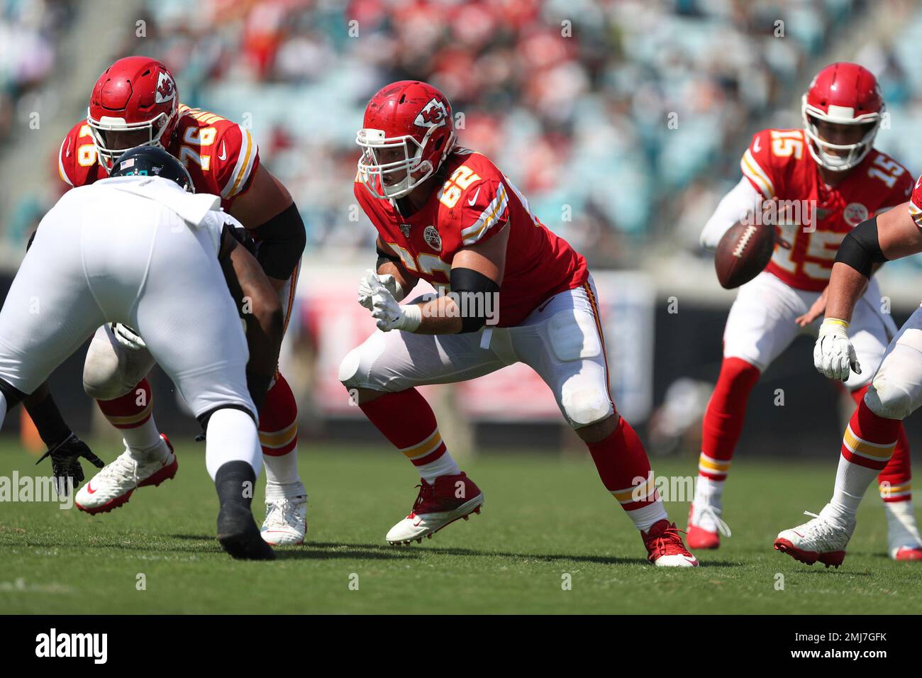 Kansas City Chiefs center Austin Reiter (62) makes a move to block on ...