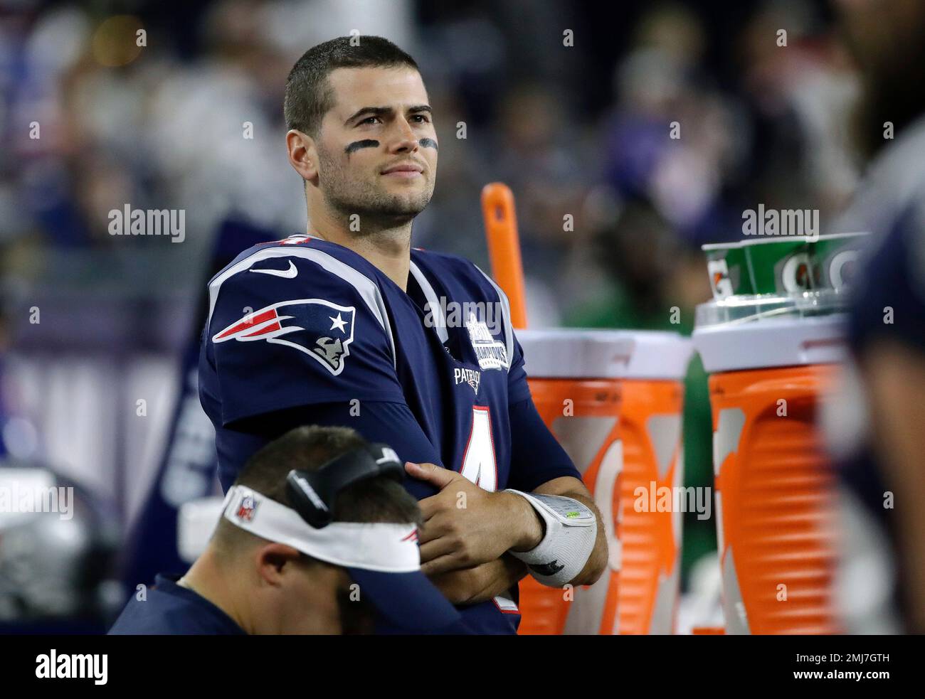 Backup New England Patriots quarterback Jarrett Stidham watches from ...