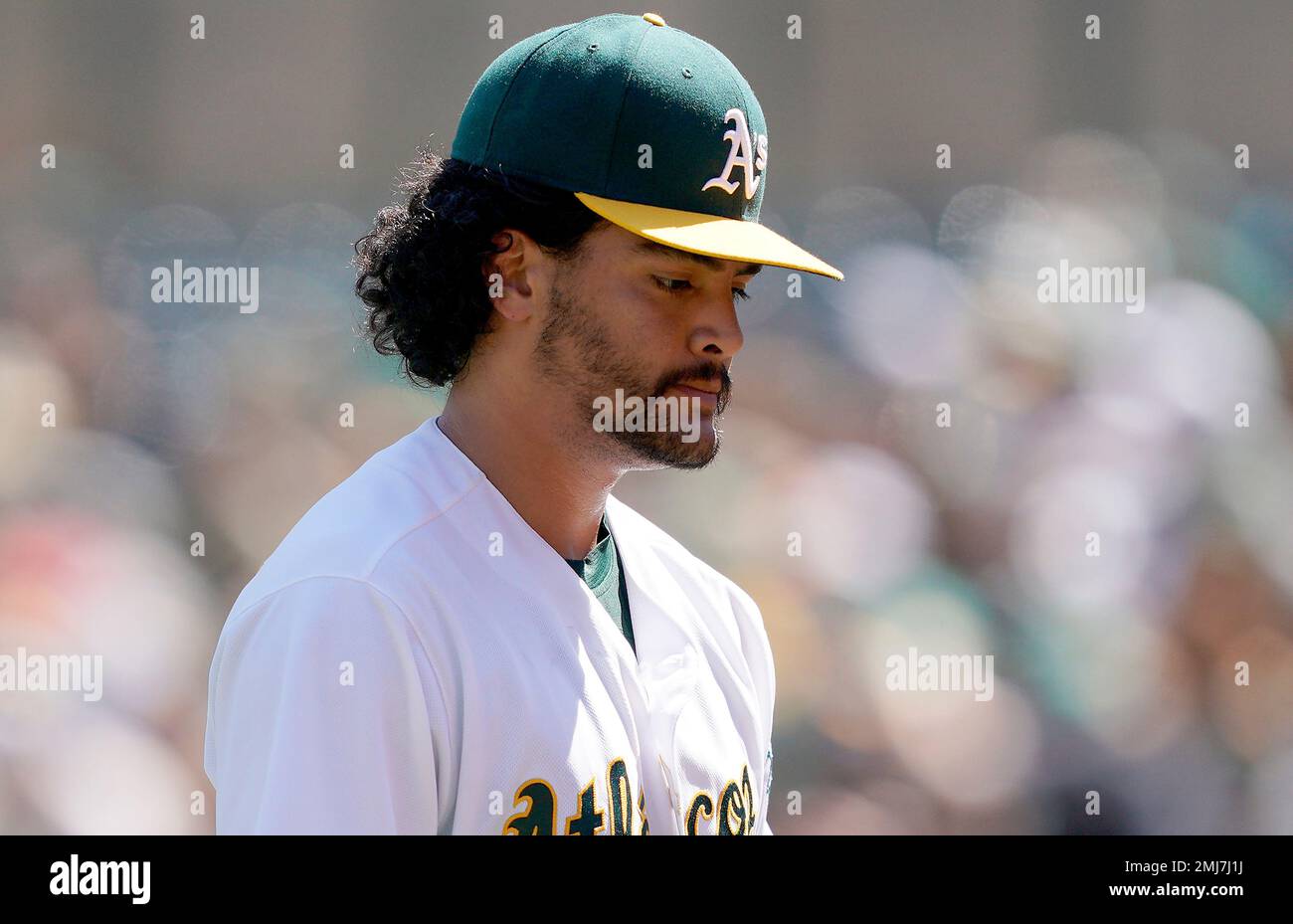 Oakland Athletics pitcher Sean Manaea (55) walks off the field against ...