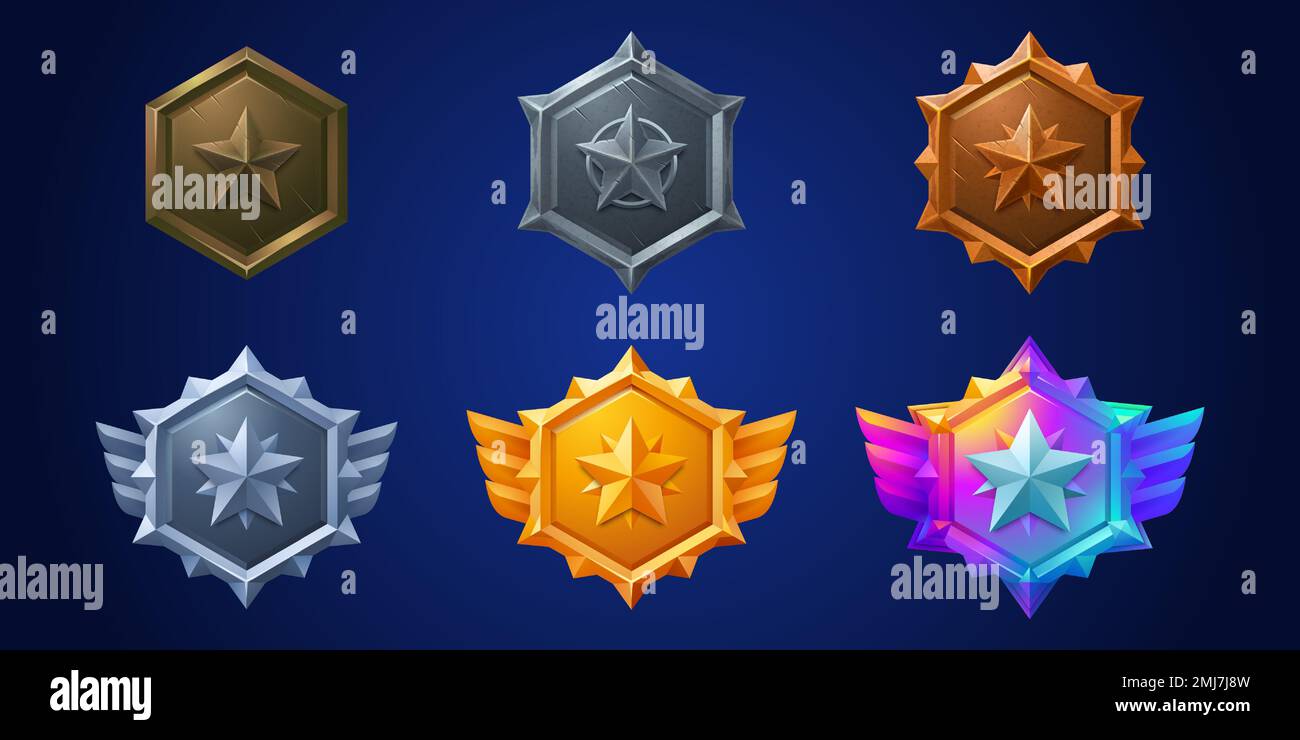 Military game ranking badge set with star insignia. Vector cartoon ...
