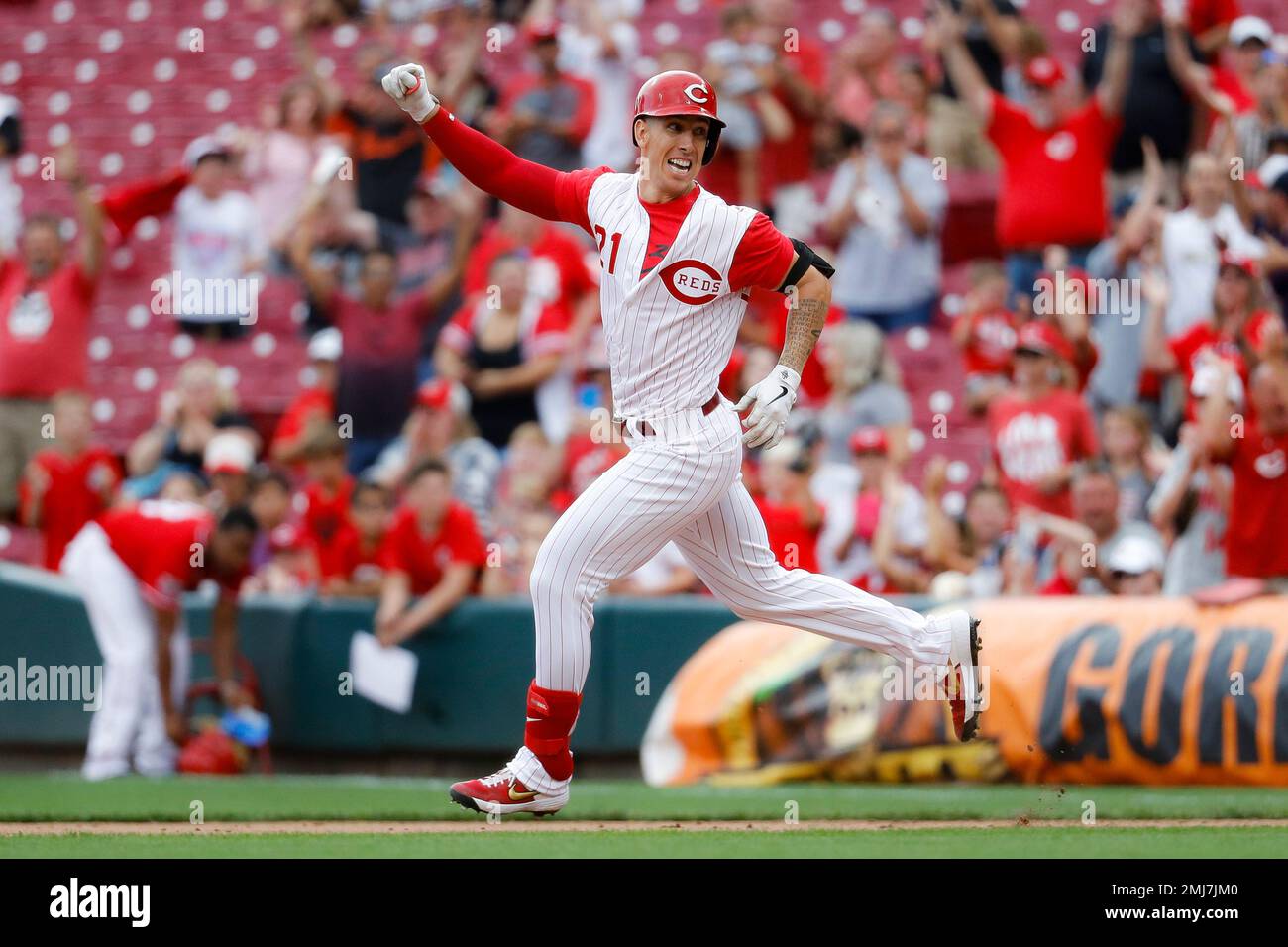Cincinnati Reds' Michael Lorenzen celebrates after hitting a game ...