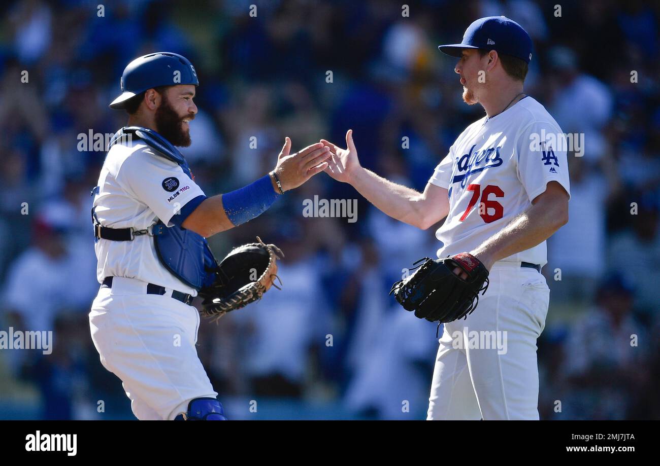 Los Angeles Dodgers' Josh Sborz, right, celebrates with Russell Martin ...