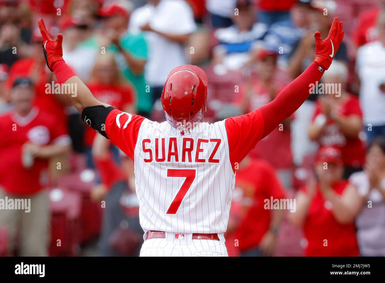 Cincinnati Reds' Eugenio Suarez celebrates after hitting a solo home ...
