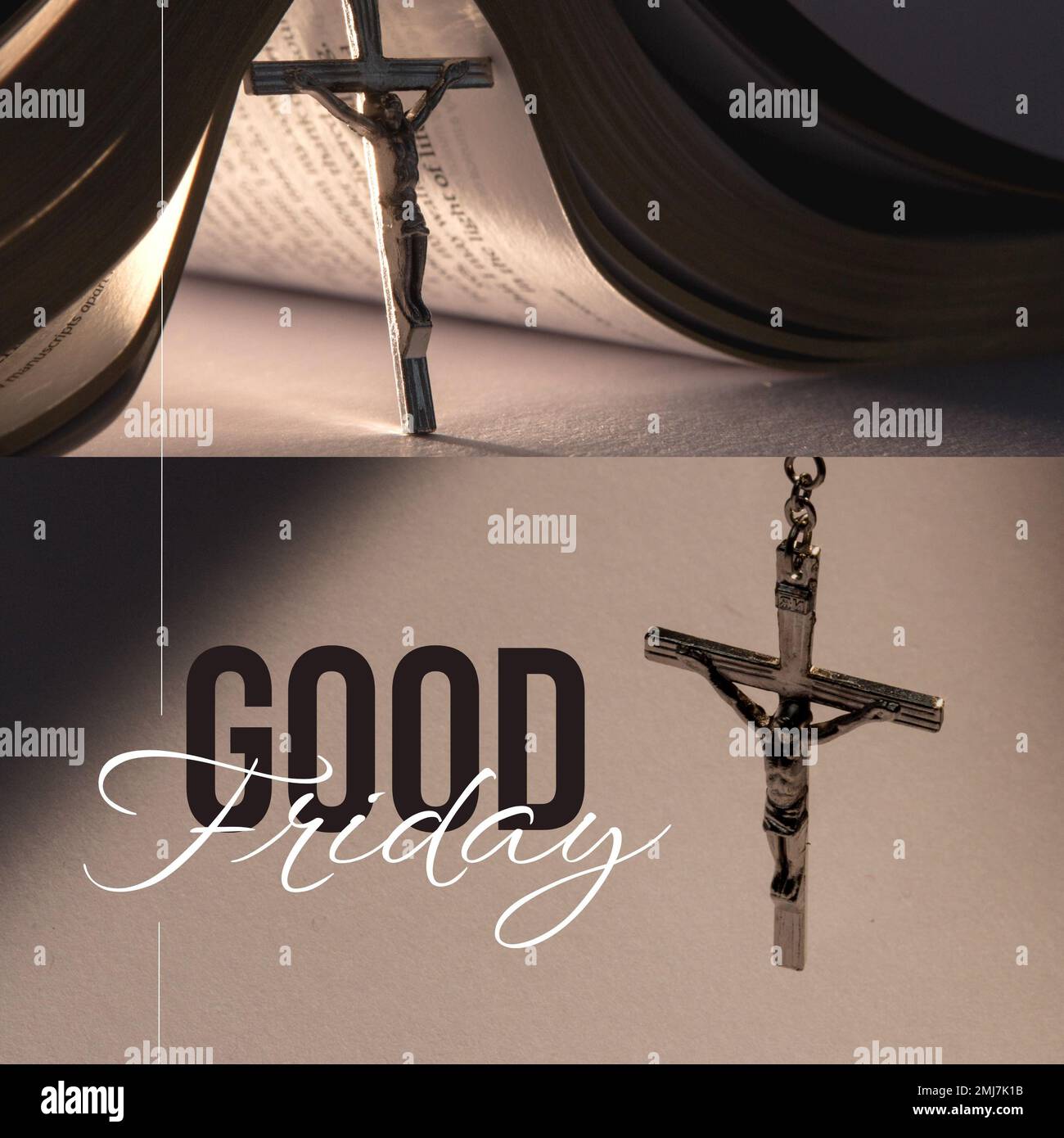 Composition of good friday text with crucifix over book on grey ...