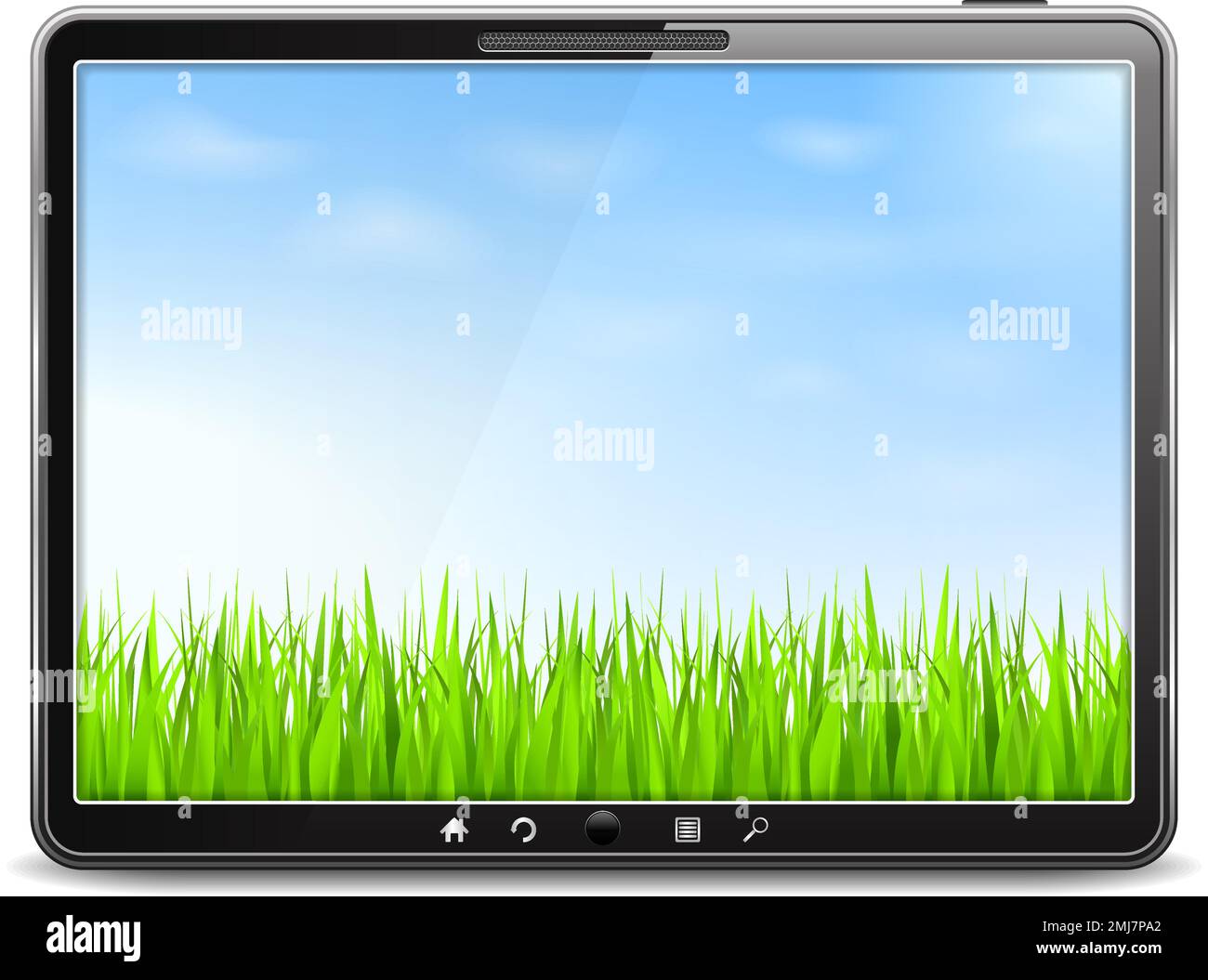 Tablet computer with blue sky and green grass on the screen, vector ...
