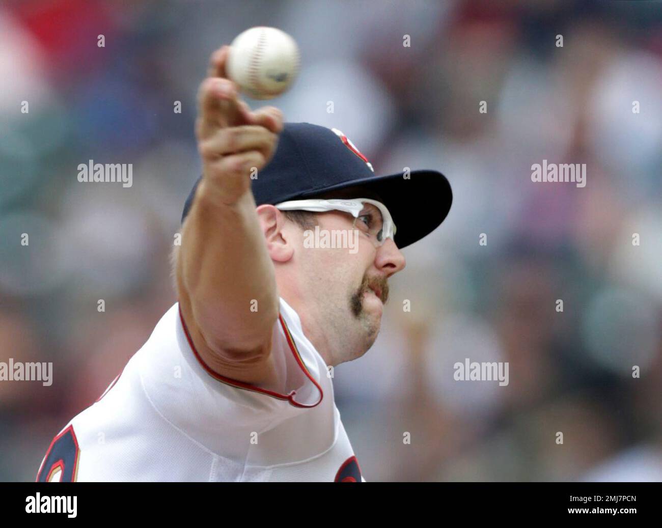 Minnesota Twins pitcher Randy Dobnak throws to the Cleveland Indians in ...