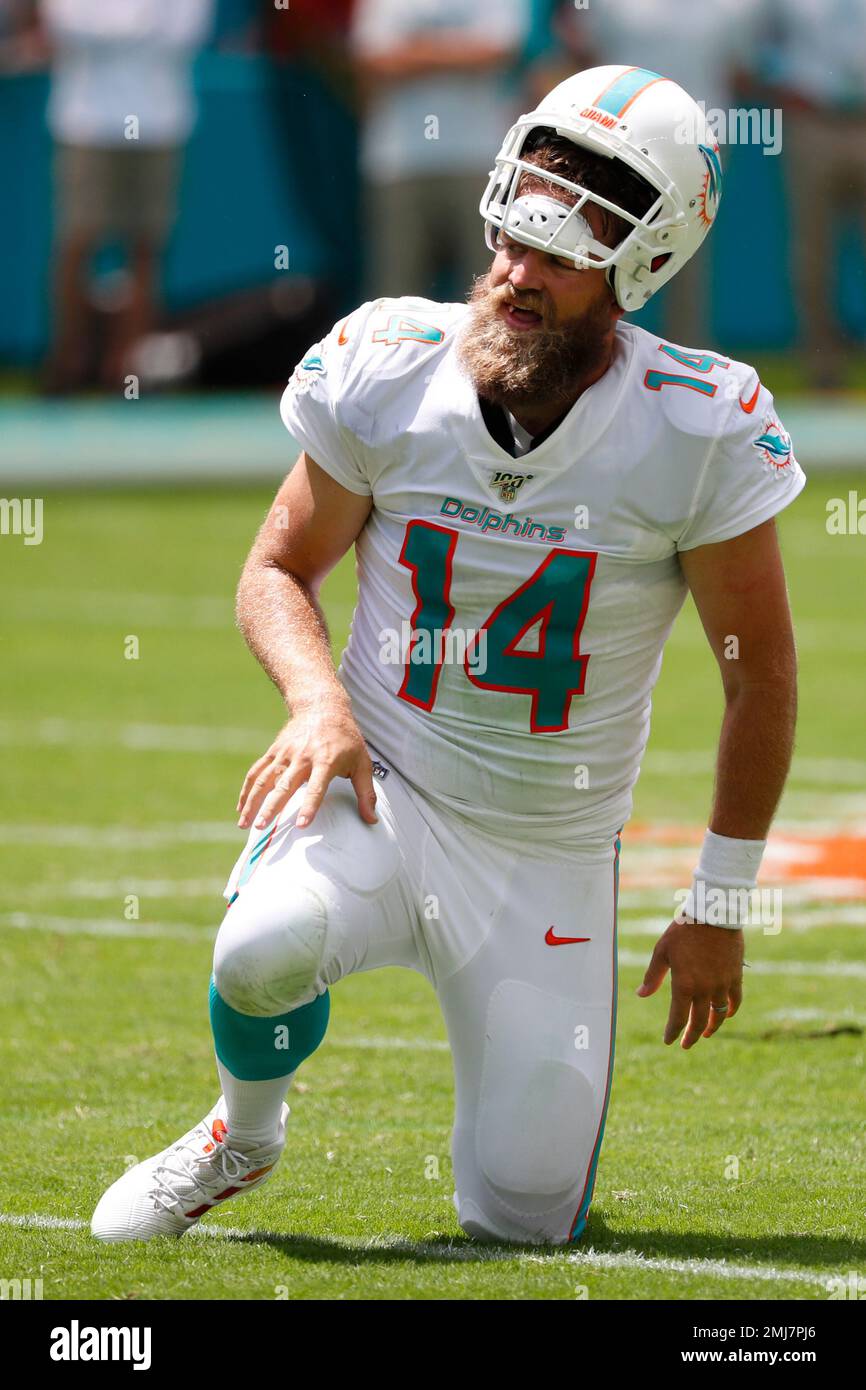 Miami Dolphins quarterback Ryan Fitzpatrick (14) gets up after his ...