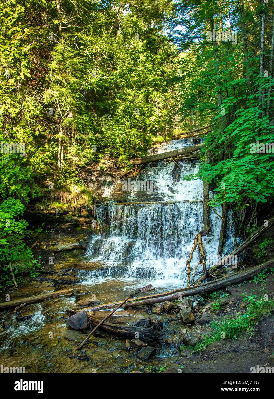 Viewing deck for watching Wagner Falls cascading down wagner river ...