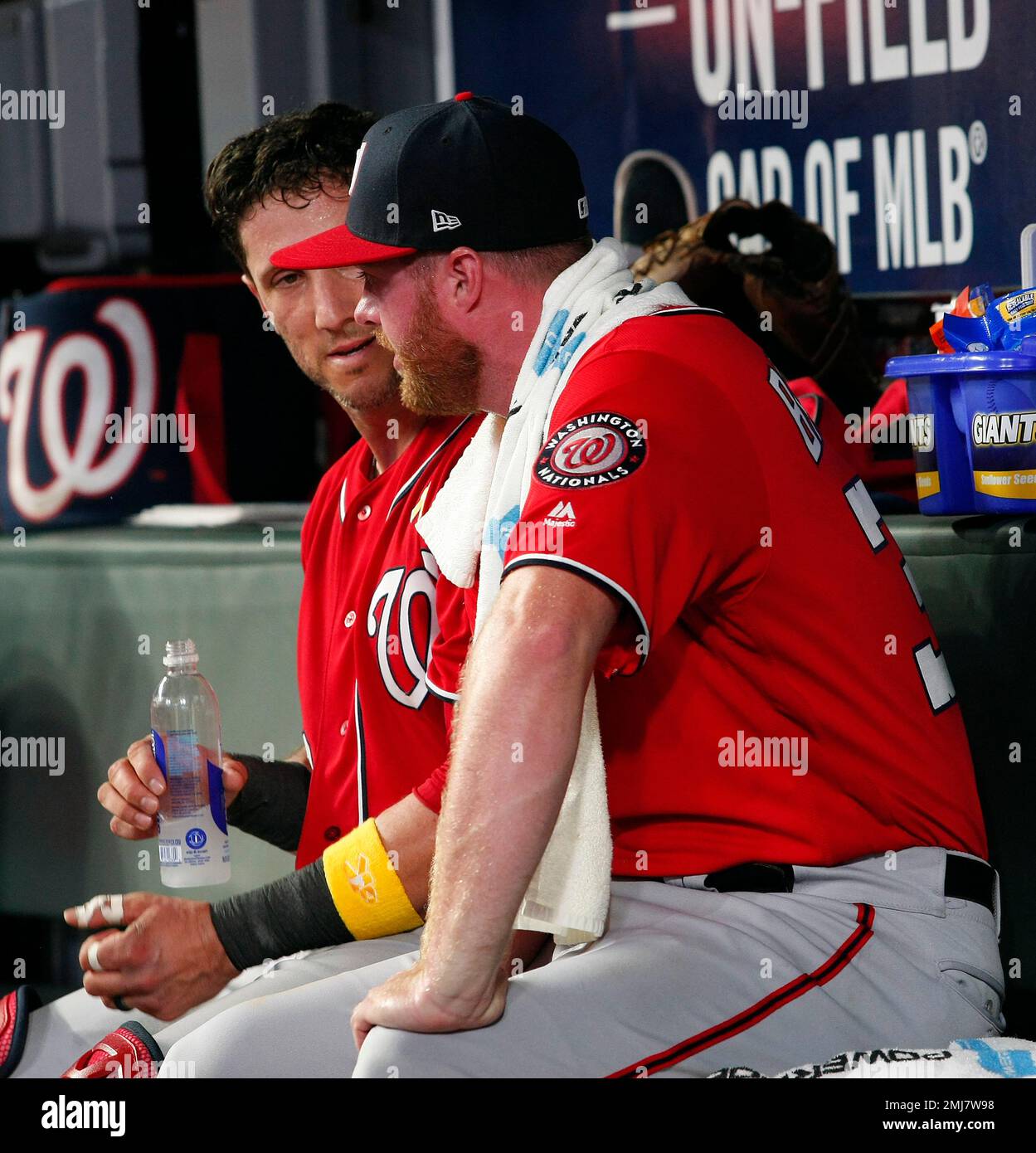 Washington Nationals pitcher Aaron Barrett ,right, talks with catcher ...