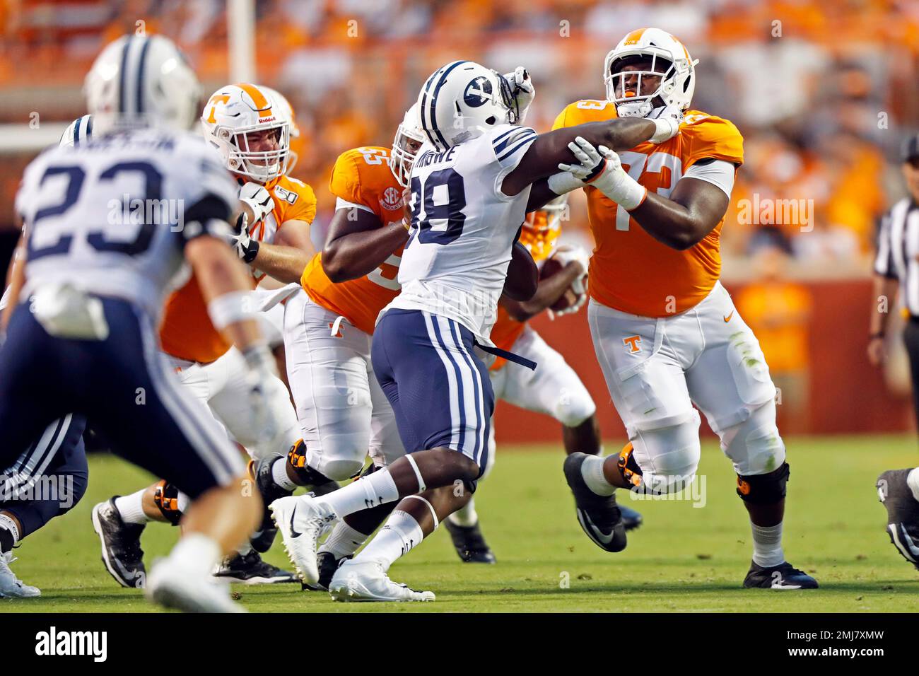 Tennessee offensive lineman Trey Smith (73) blocks against Brigham ...