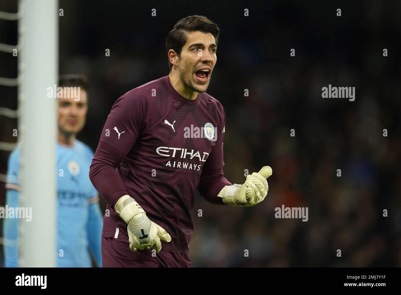 Manchester City's goalkeeper Stefan Ortega gives instructions during ...