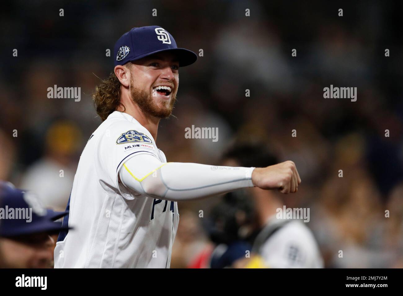 San Diego Padres pitcher Chris Paddack reacts from the dugout during ...